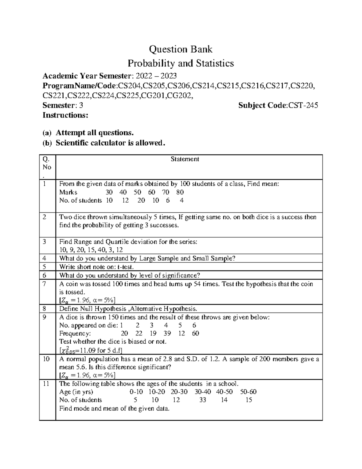 Question Bank Probability and Statistics (21CST-245) - Question Bank ...