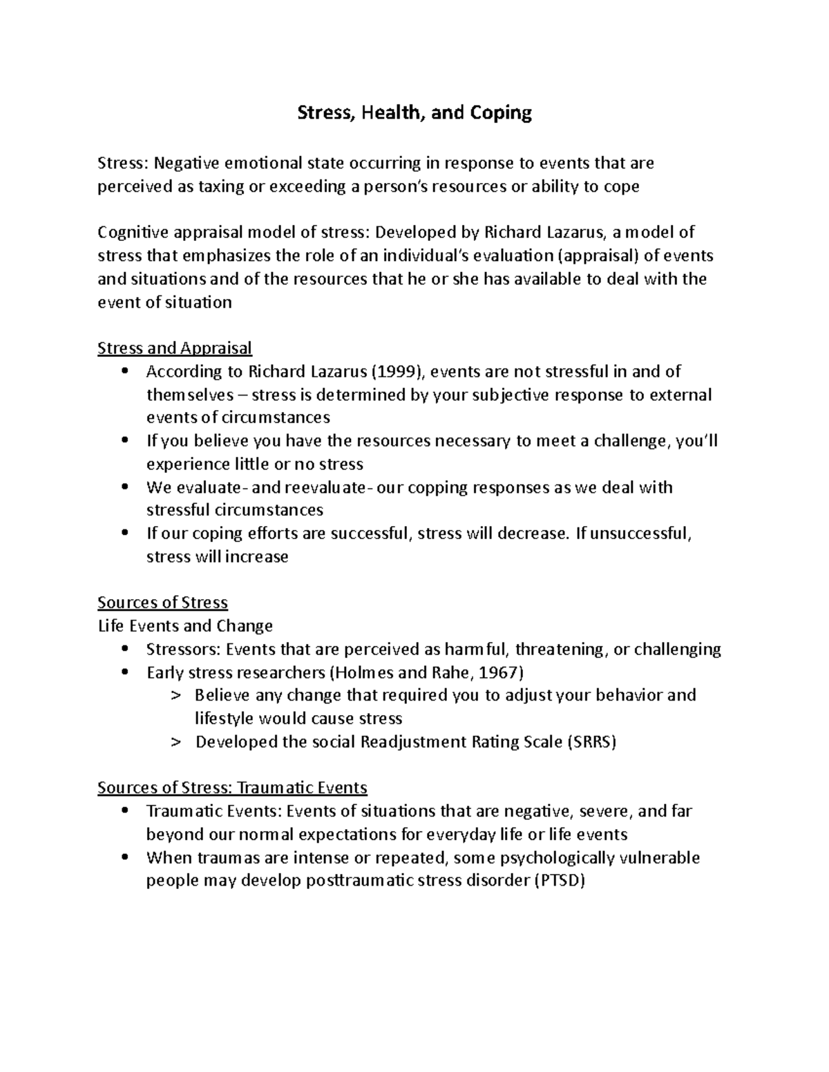 Stress Lecture Notes - Stress, Health, and Coping Stress: Negative ...
