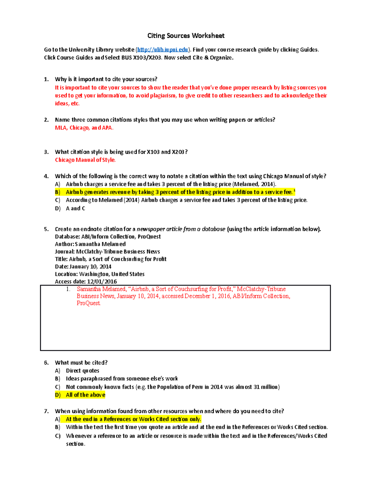 Citing Sources Worksheet - iupui). Find your course research guide by ...