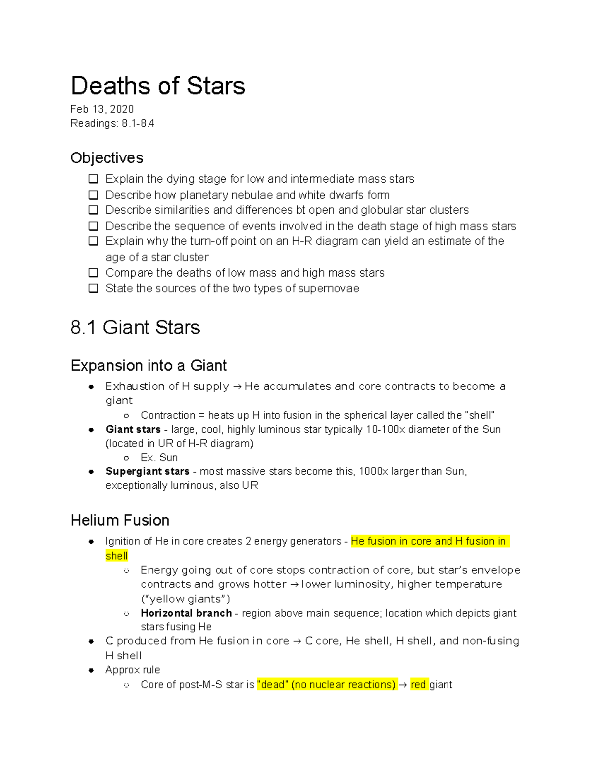 Lesson 5 - Deaths of Stars - Deaths of Stars Feb 13, 2020 Readings: 8-8 ...