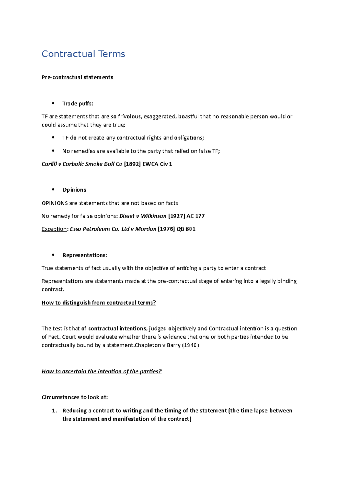Contractual Terms - Contractual Terms Pre-contractual statements Trade ...