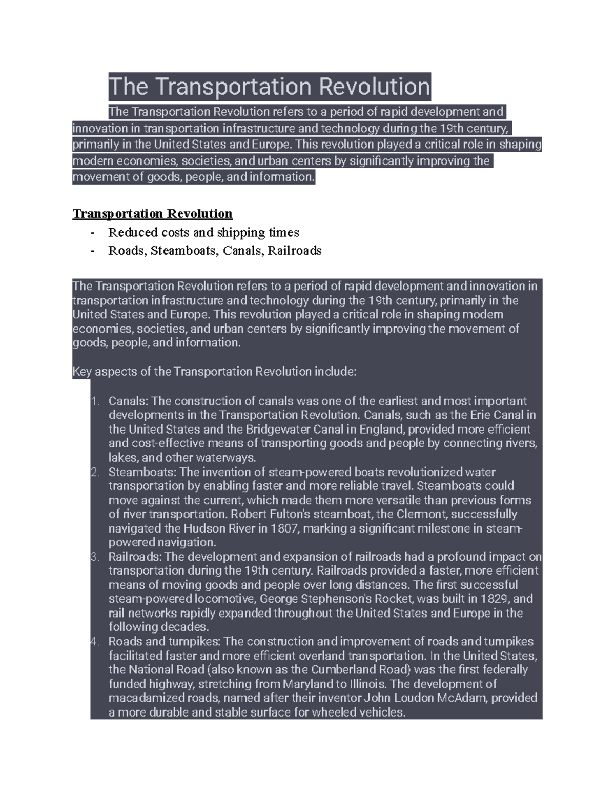 Transportation Revolution - This revolution played a critical role in ...