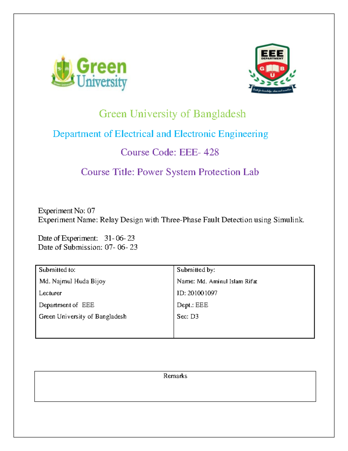 EEE-428 Ex-7 - It tells how to built the overcurrent relay and imply on ...