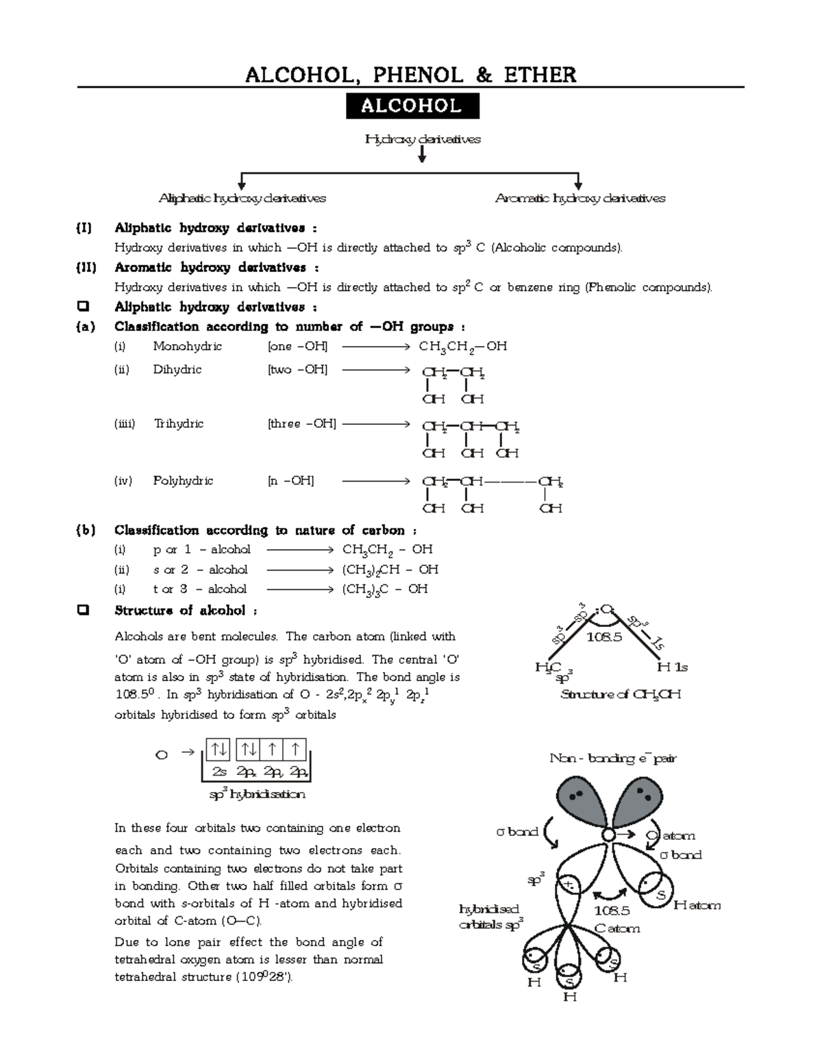 Alcohol, Phenol Ether - notes - ALCOHOL, PHENOL & ETHER Hydroxy ...