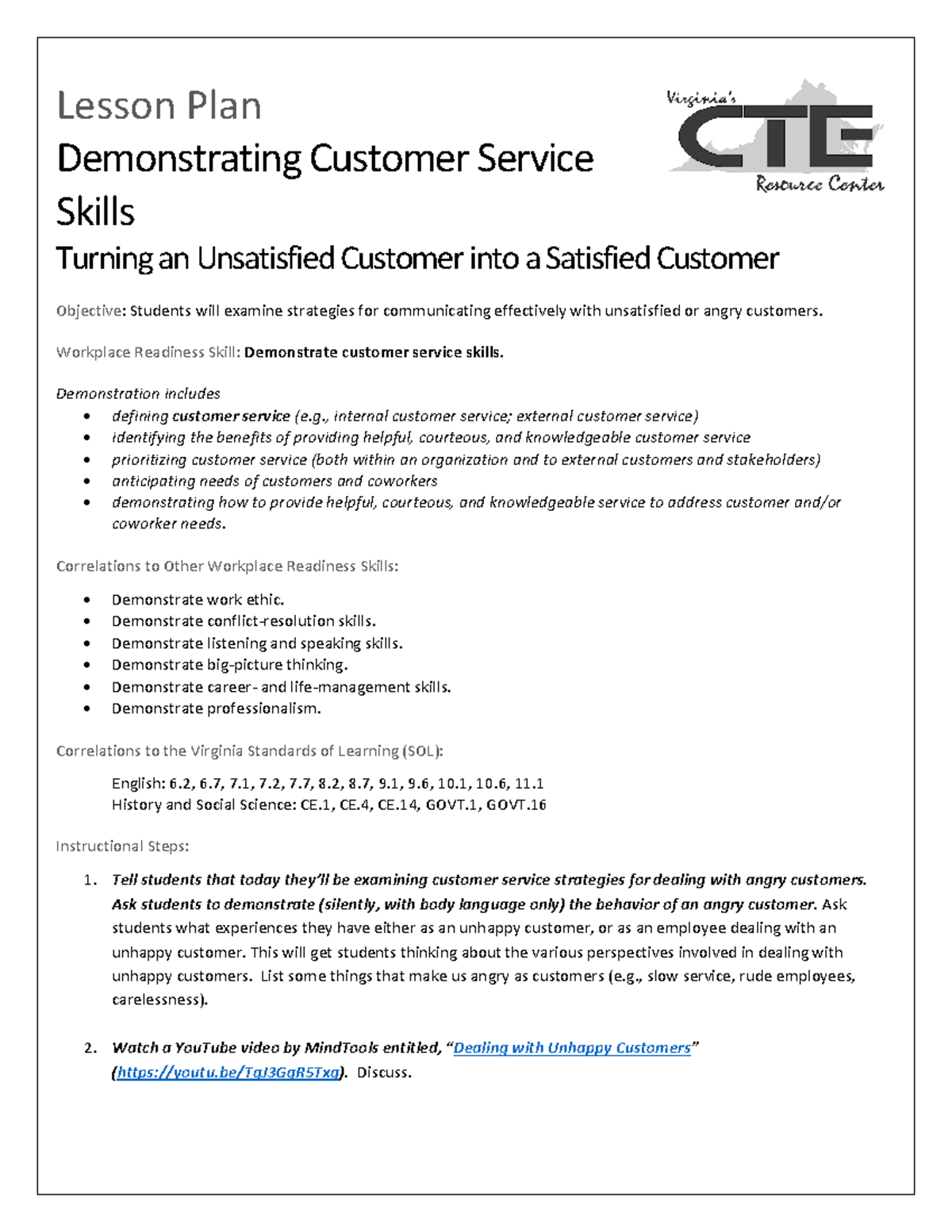 Customer Service #2 - Lecture Notes - Lesson Plan Demonstrating ...