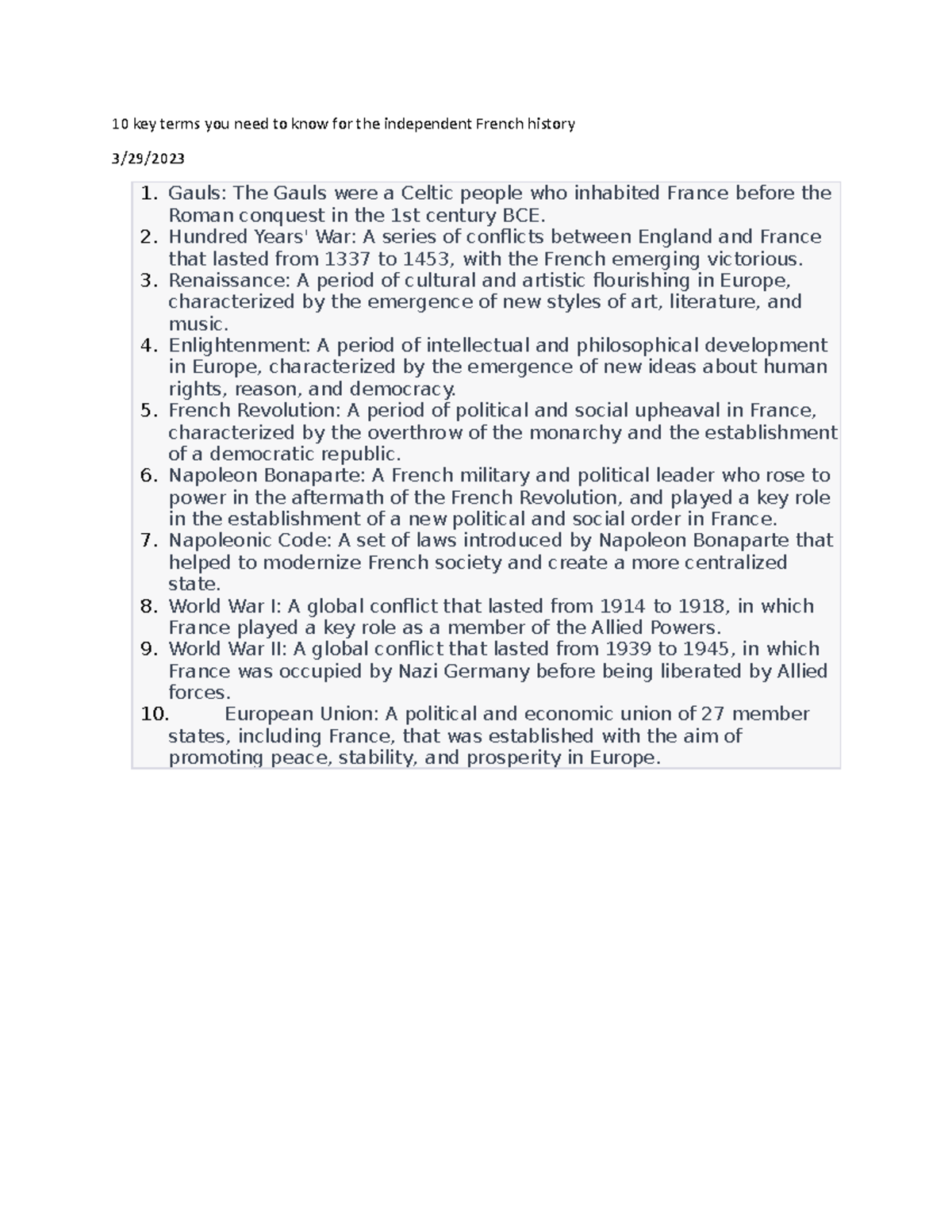 10 key terms you need to know for the independent French history ...