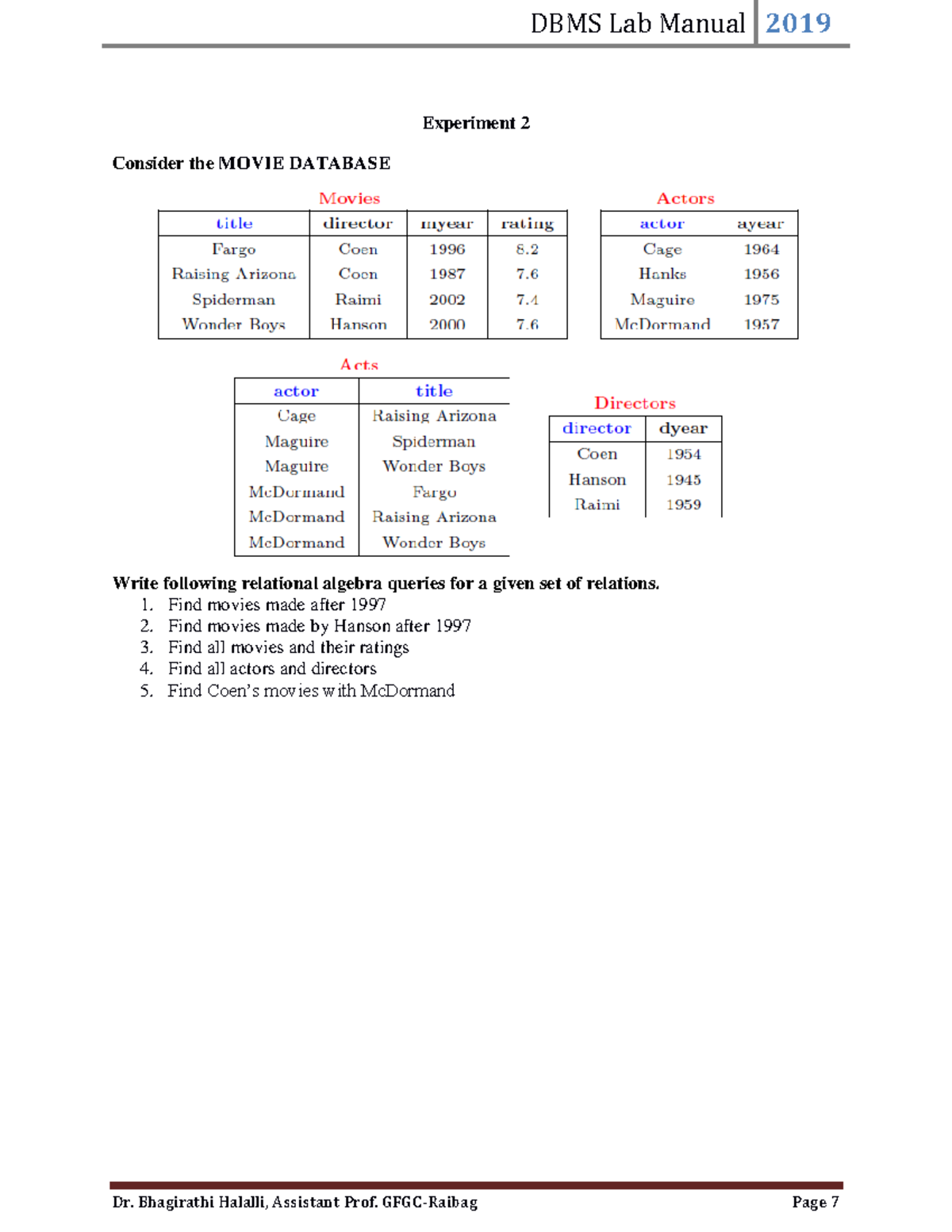 Relational Algebra Nested Experiment 2 Consider The Movie Database Write Following Relational