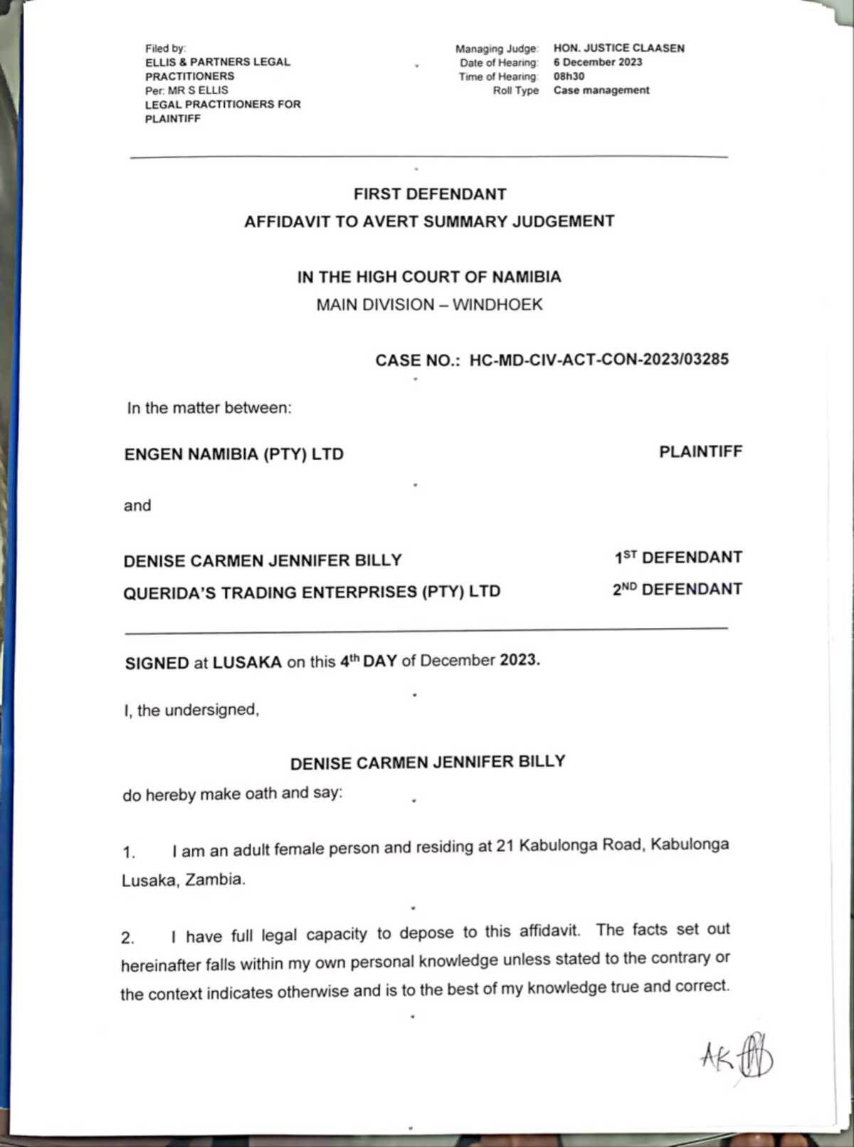 1st Defendant Affidavit to Avert Summary Judgment (Engen vs Billy) (04 ...