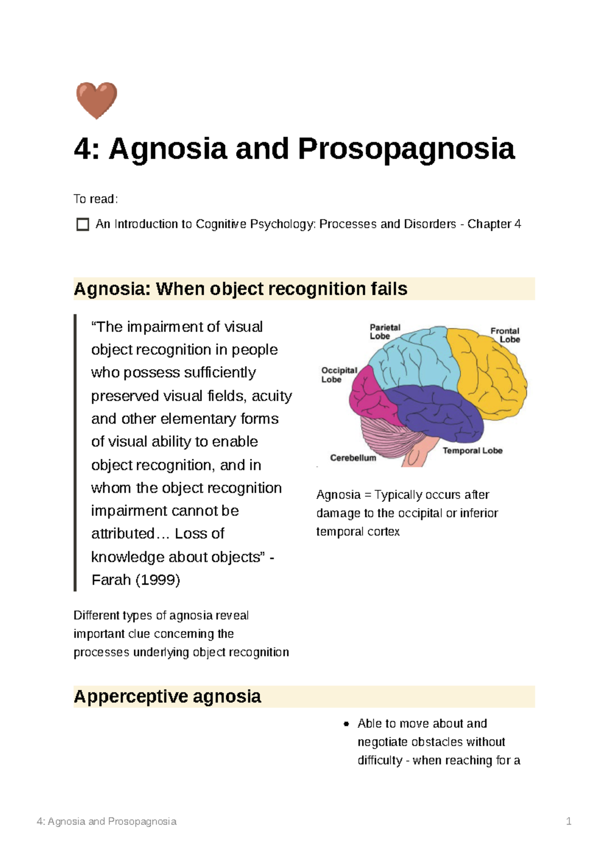 L4 - Cognition in Clinical Contexts - 4: Agnosia and Prosopagnosia To ...