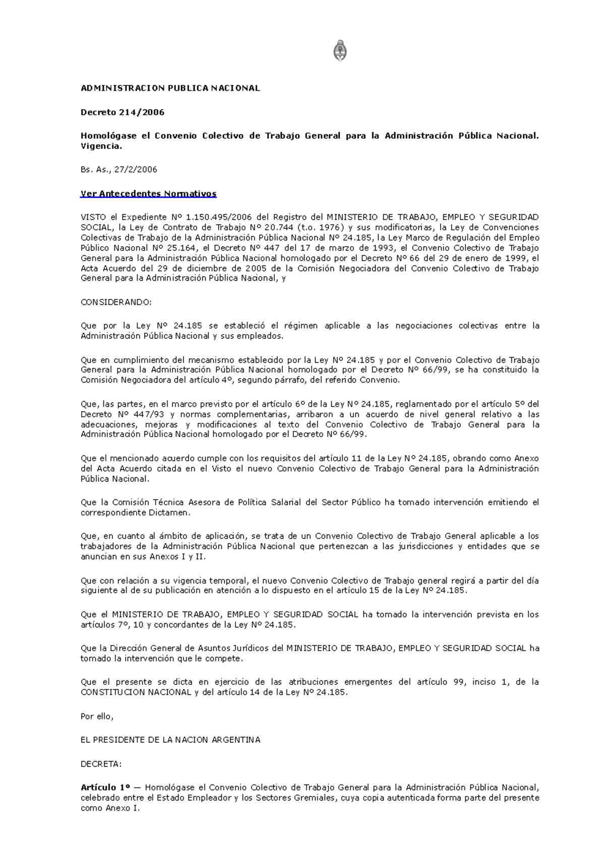 CCTG-214-06 - Usja - ADMINISTRACION PUBLICA NACIONAL Decreto 214/ Homológase el Convenio ...