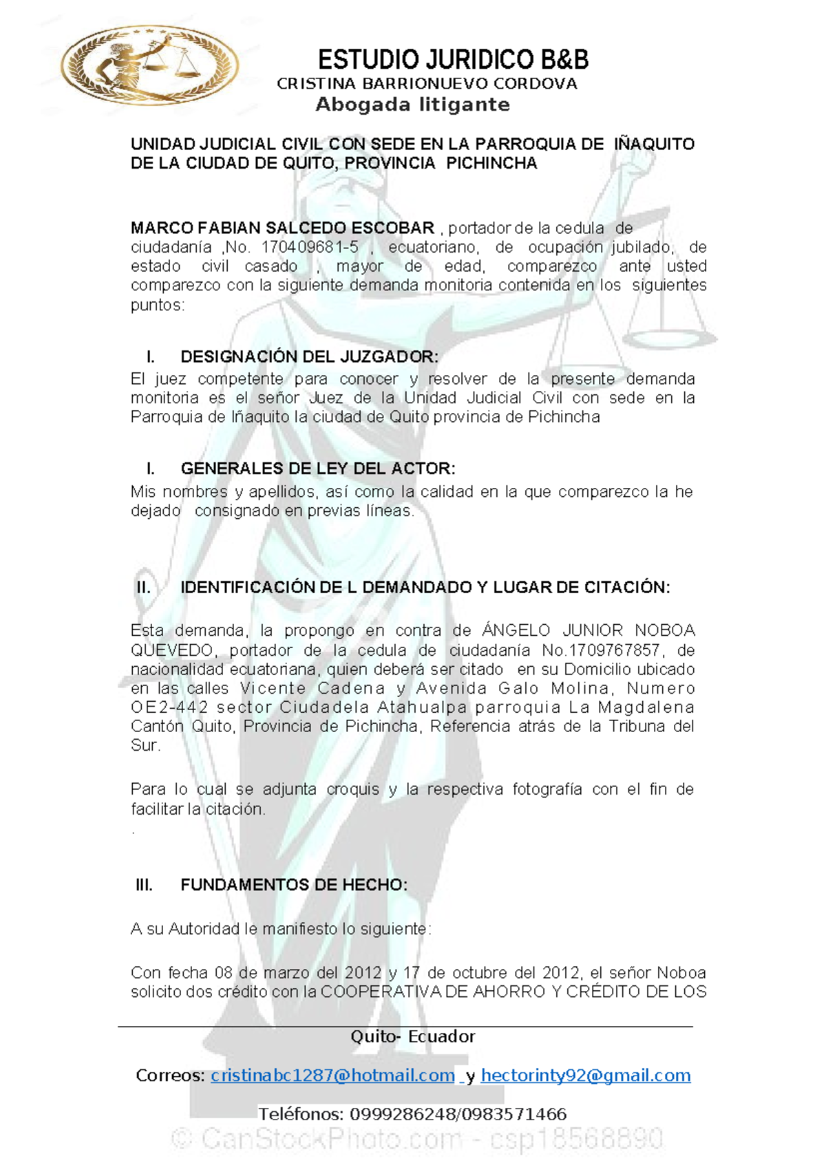 Demanda Salcedo rectf - CRISTINA BARRIONUEVO CORDOVA Abogada litigante ...