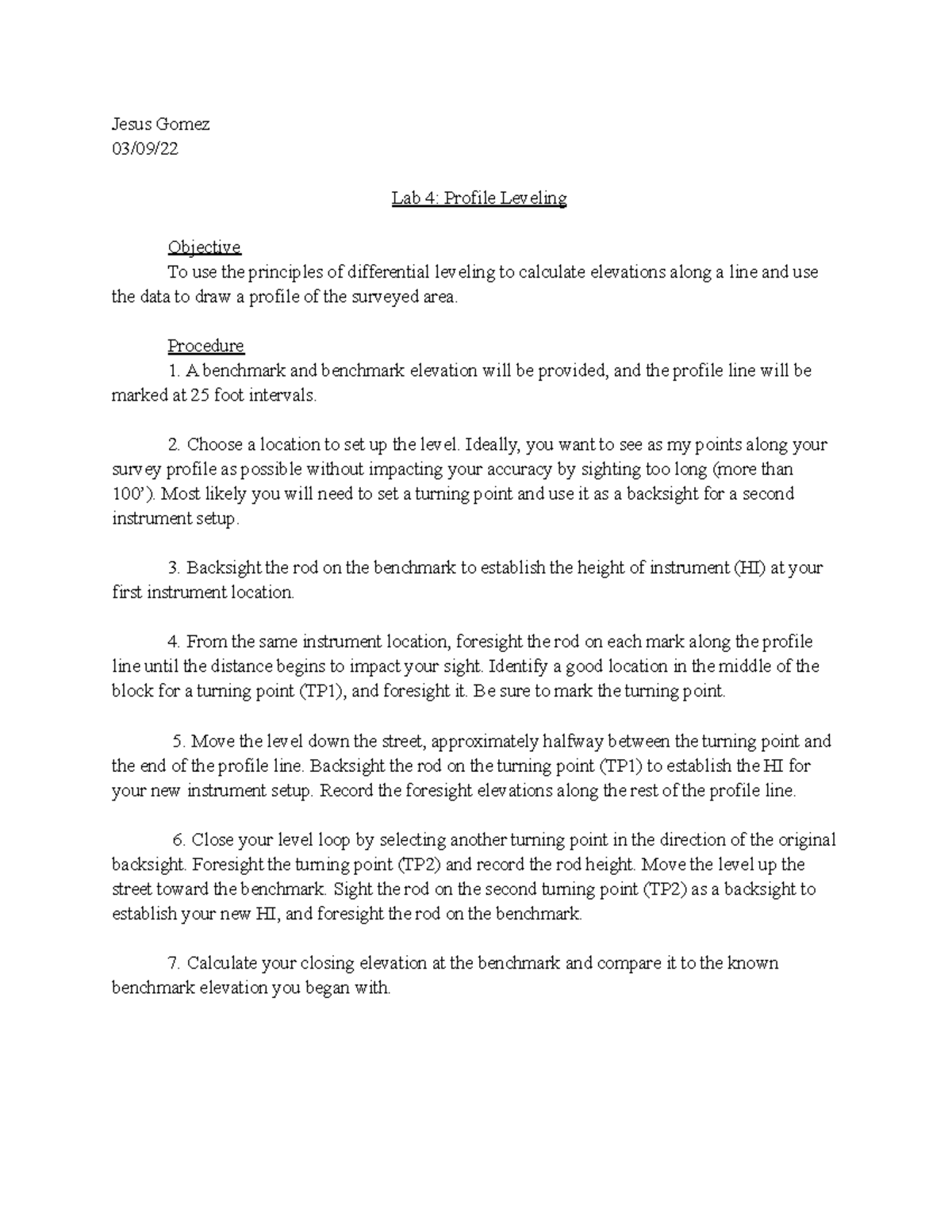 Lab 4 - Profile Leveling (Surveying CMCE 1222) - Jesus Gomez 03/09/ Lab ...