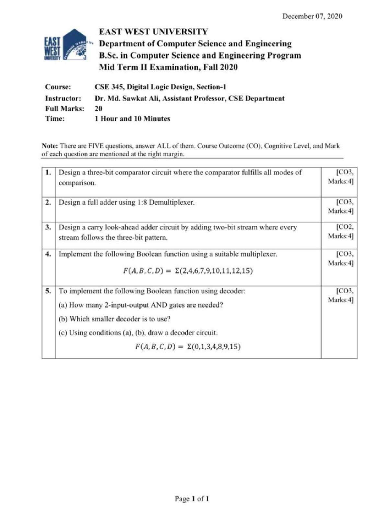Practice Question- Ali - digital logic design - Studocu
