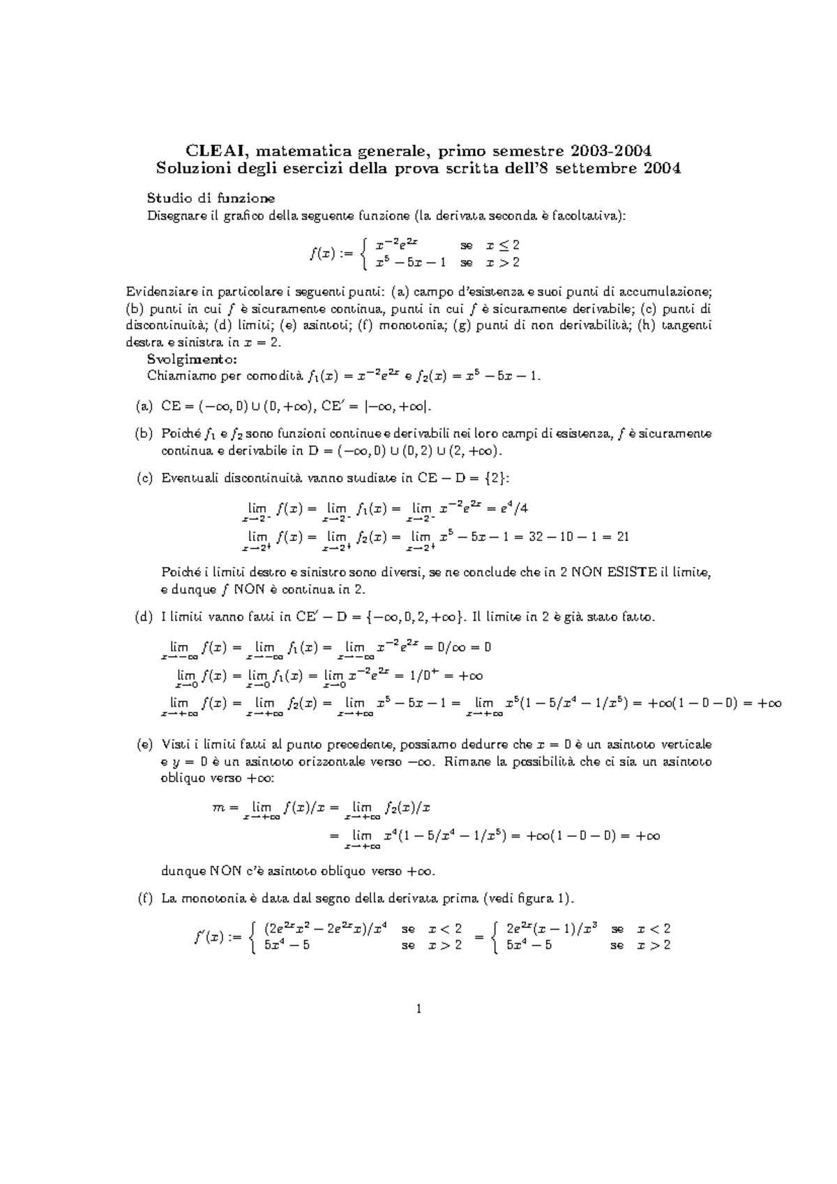 Soluzioni esercizi 8 settembre 2004 - CLEAI, matematica generale, primo ...
