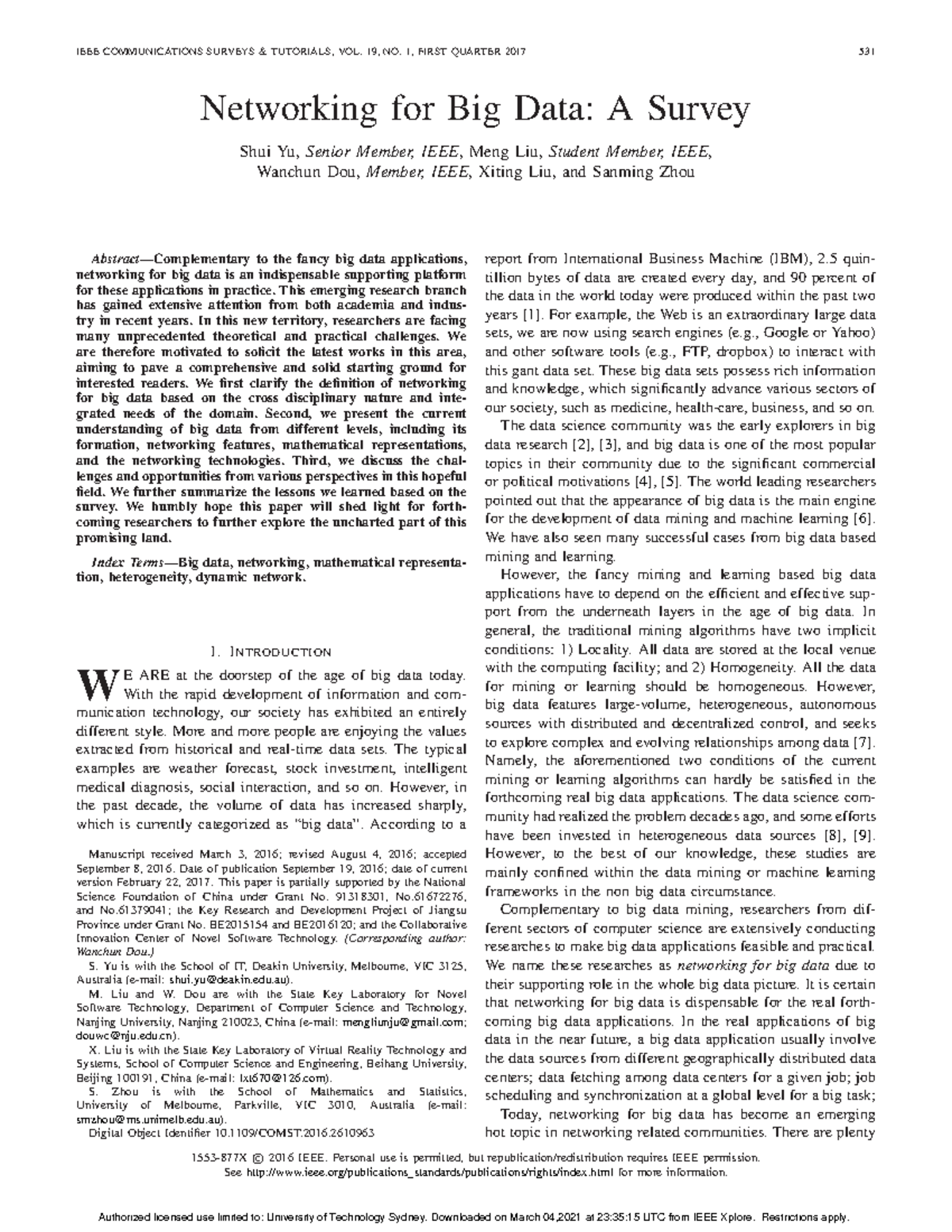 Net4bigdata Survey-2 - IEEE COMMUNICATIONS SURVEYS & TUTORIALS, VOL. 19 ...