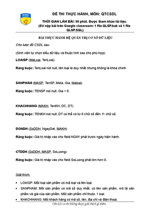 CSDL 60TH3 - ÔN TẬP CƠ SỞ DỮ LIỆU 60TH 20h15p – 22h 19/5/ Câu Nội dung Mentor 1 Đại số quan hệ ...