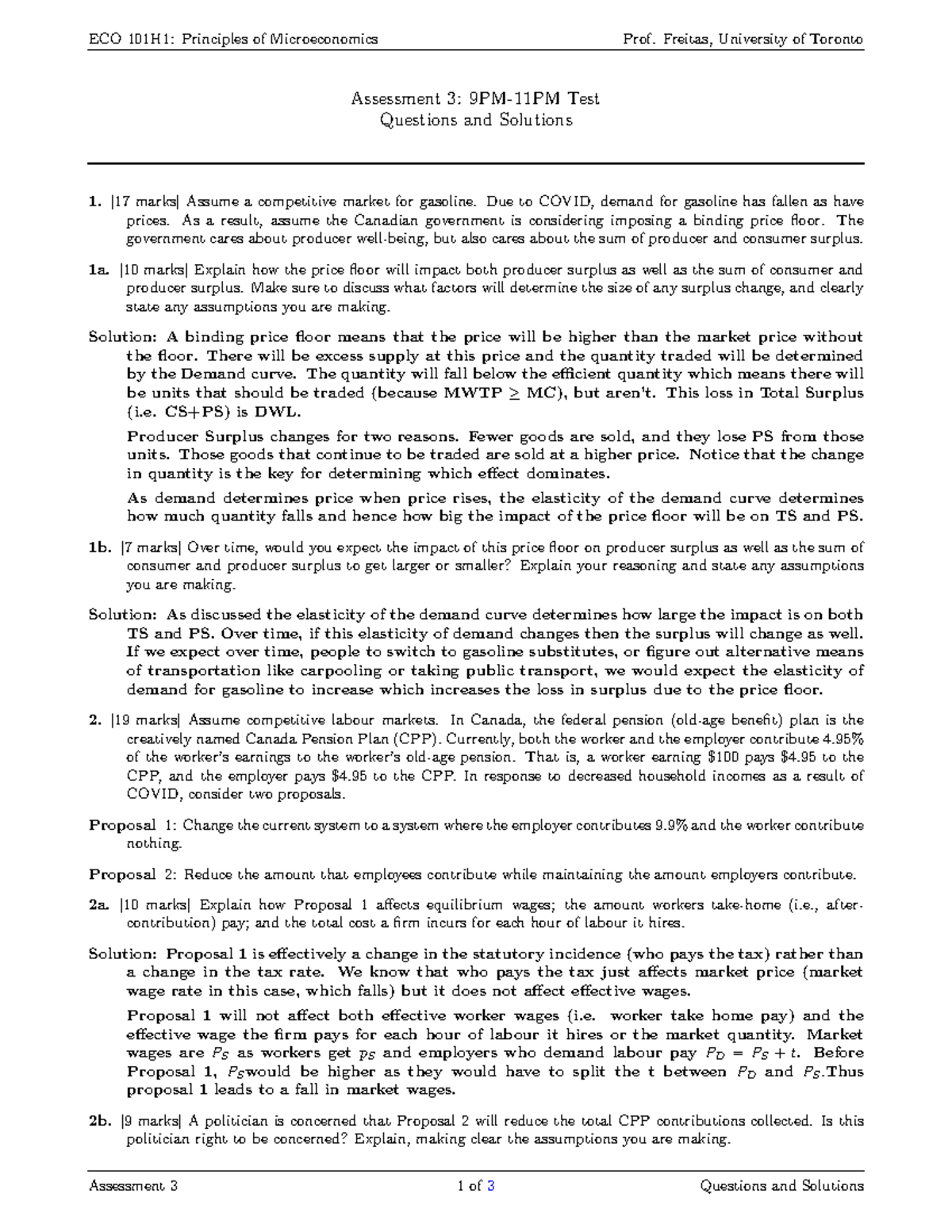 ECO101 (Fall 2020) Assessment 3 - Questions and Solutions - ECO 101H1: Principles of ...