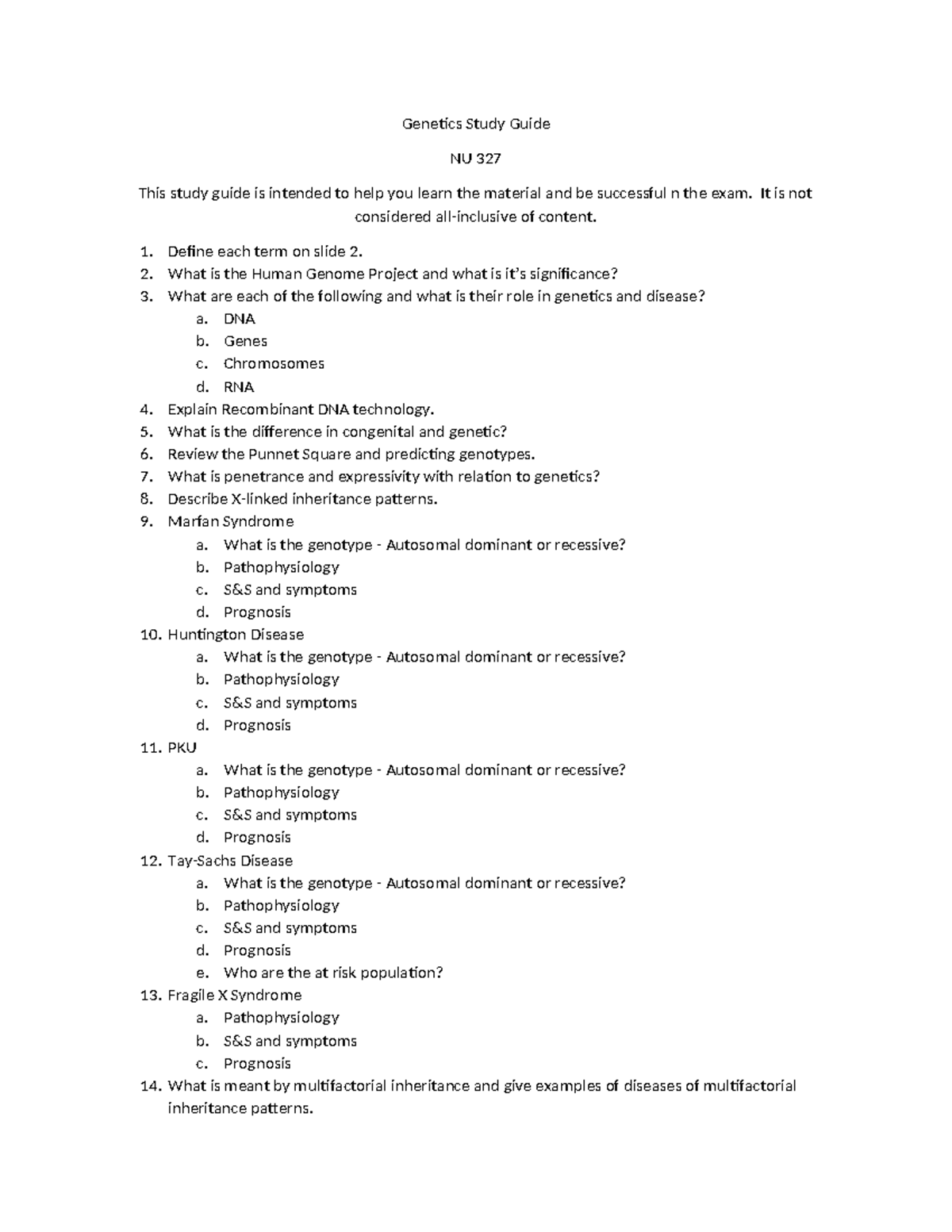 Genetics Study Guide-2 - Genetics Study Guide NU 327 This study guide ...
