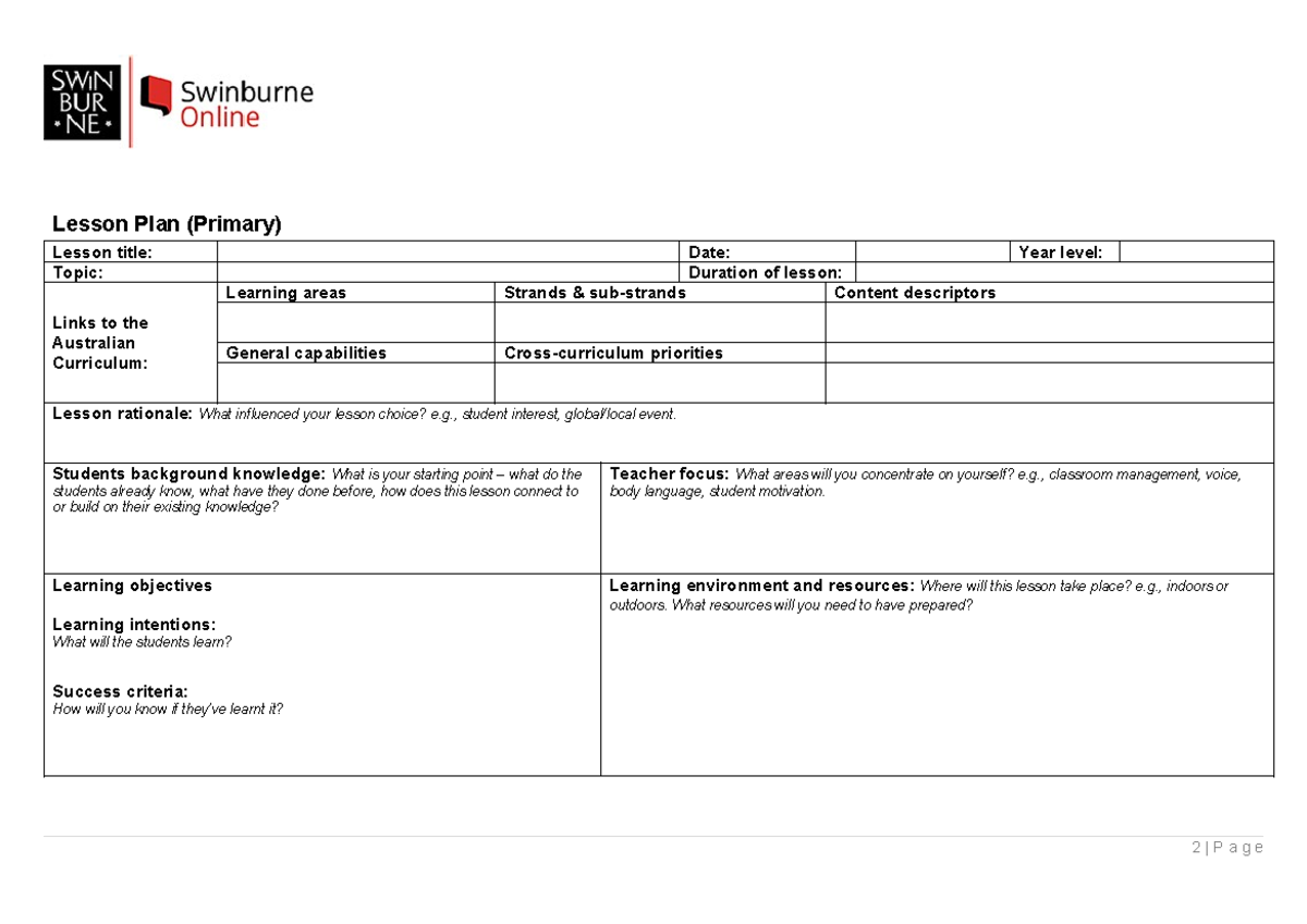 Swinburne University Lesson Plan Template 1 - Lesson Plan (Primary ...