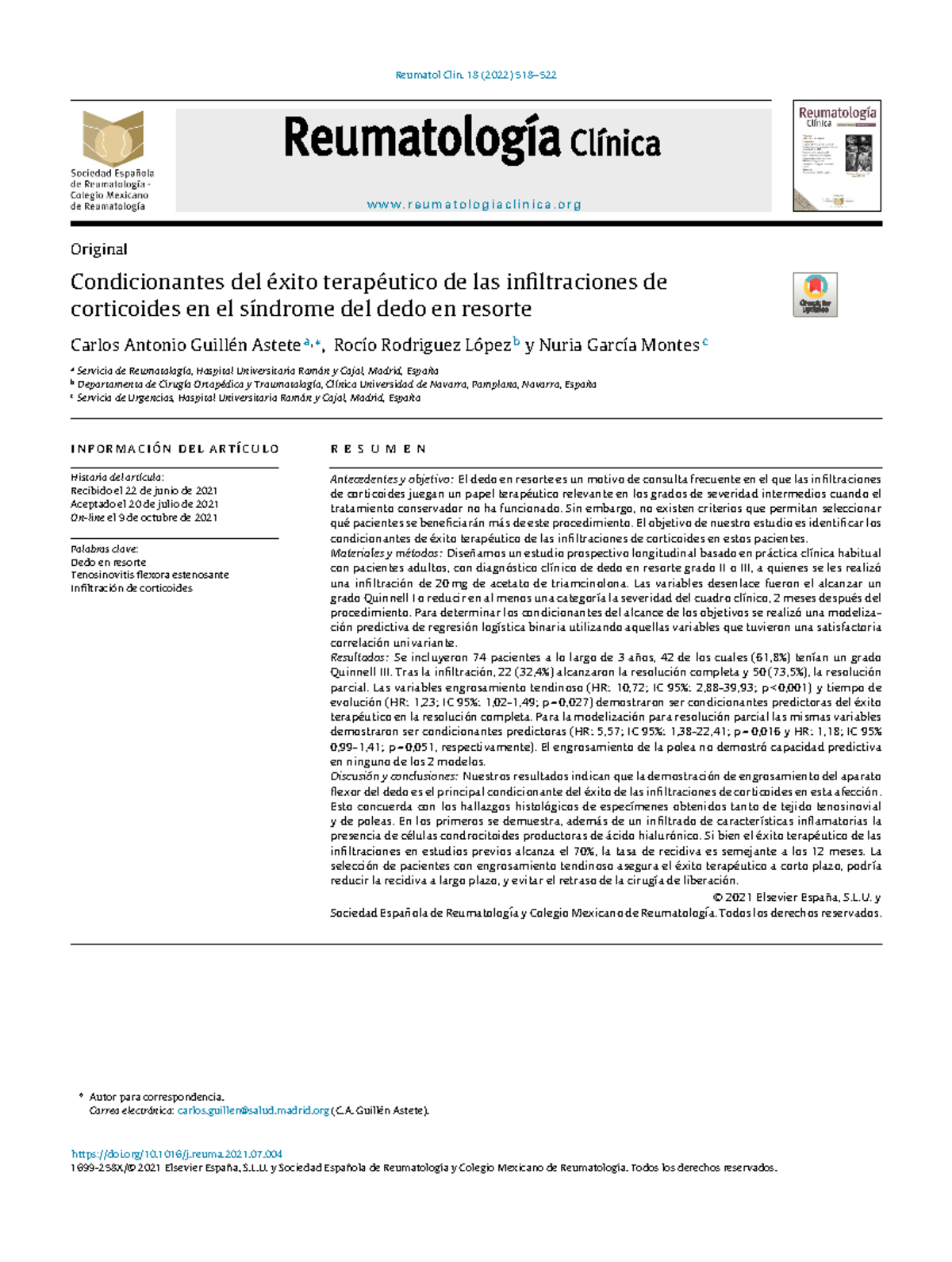 S1699258 X2100190 X - xxxx - Reumatol Clin. 18 (2022) 518– w w w. r e u ...