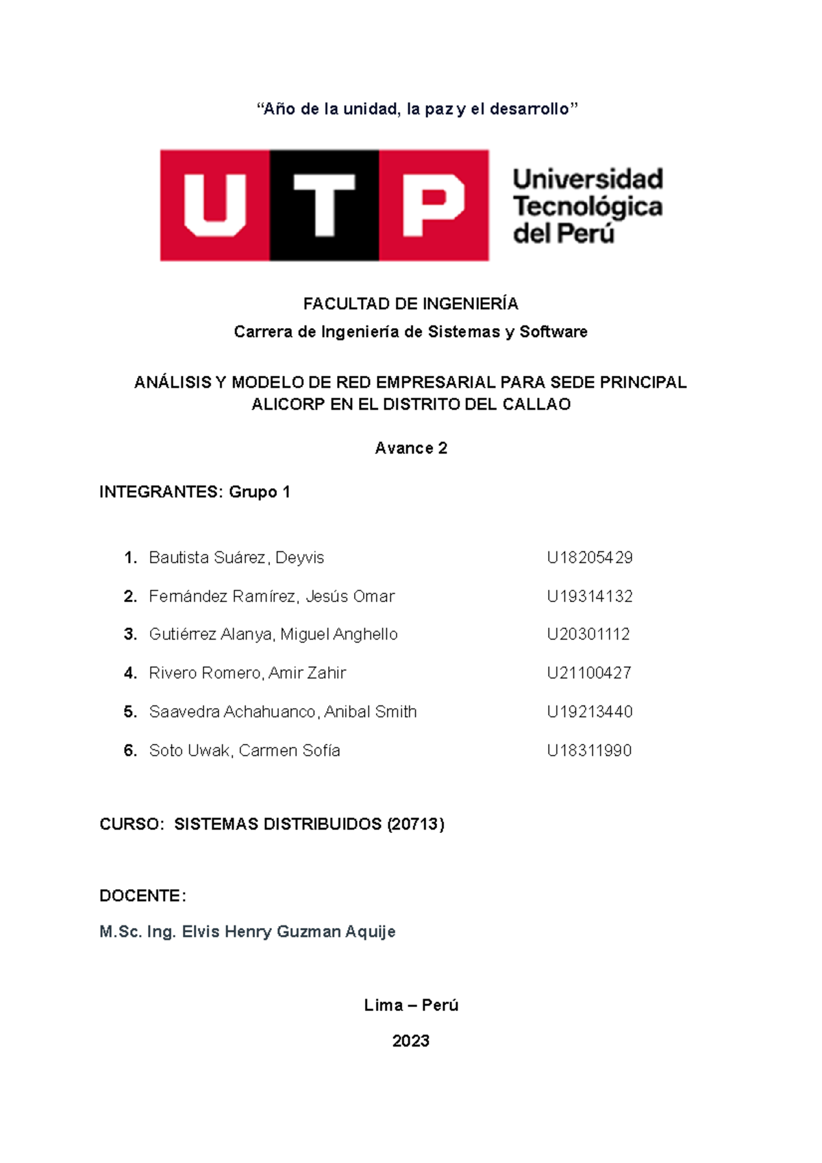Avance 2 Alicorp Sdist Grupo 1 - “Año de la unidad, la paz y el ...