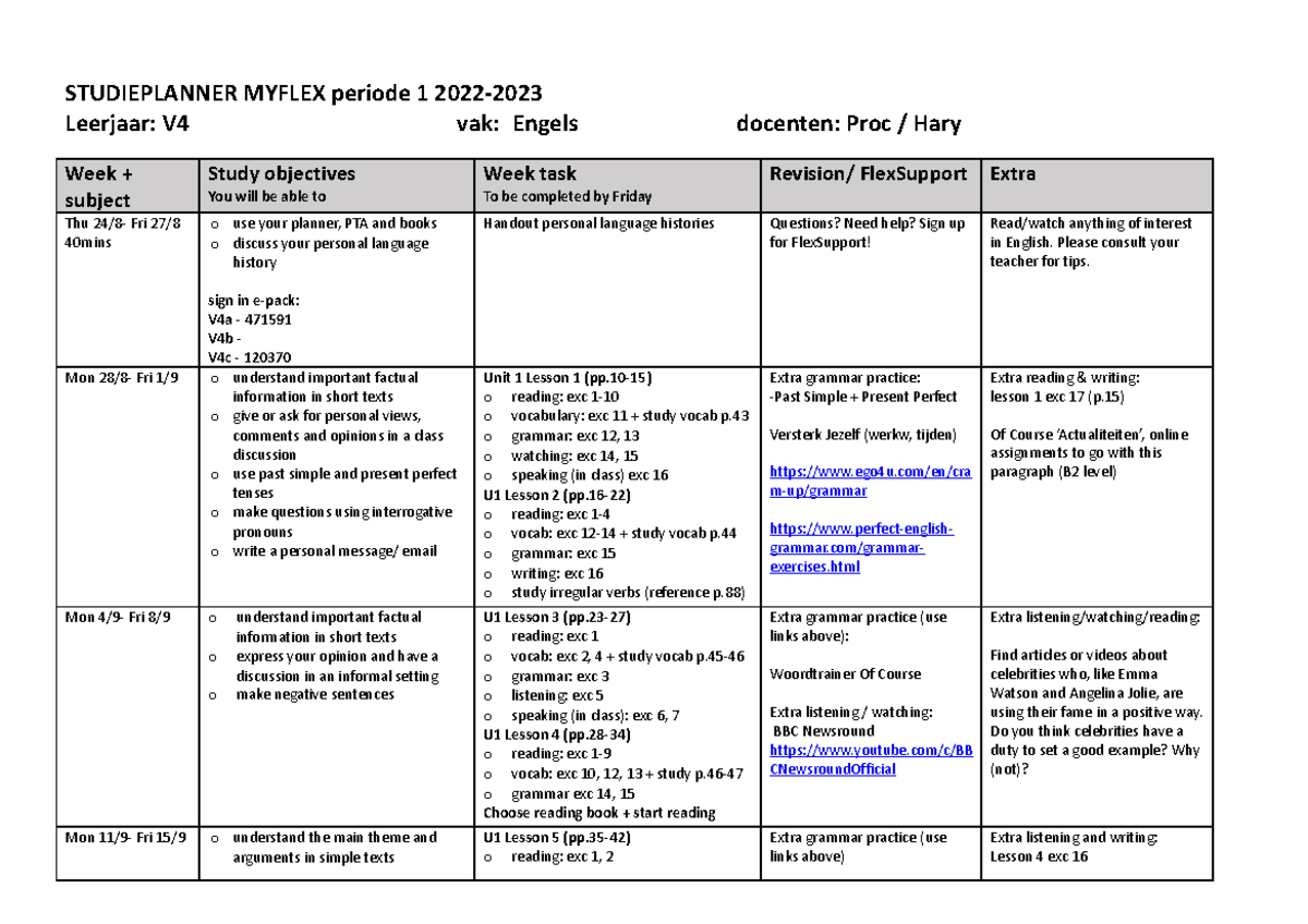 V4 P1 Engels Planner My Flex - STUDIEPLANNER MYFLEX periode 1 2022- Leerjaar: V4 vak: Engels ...