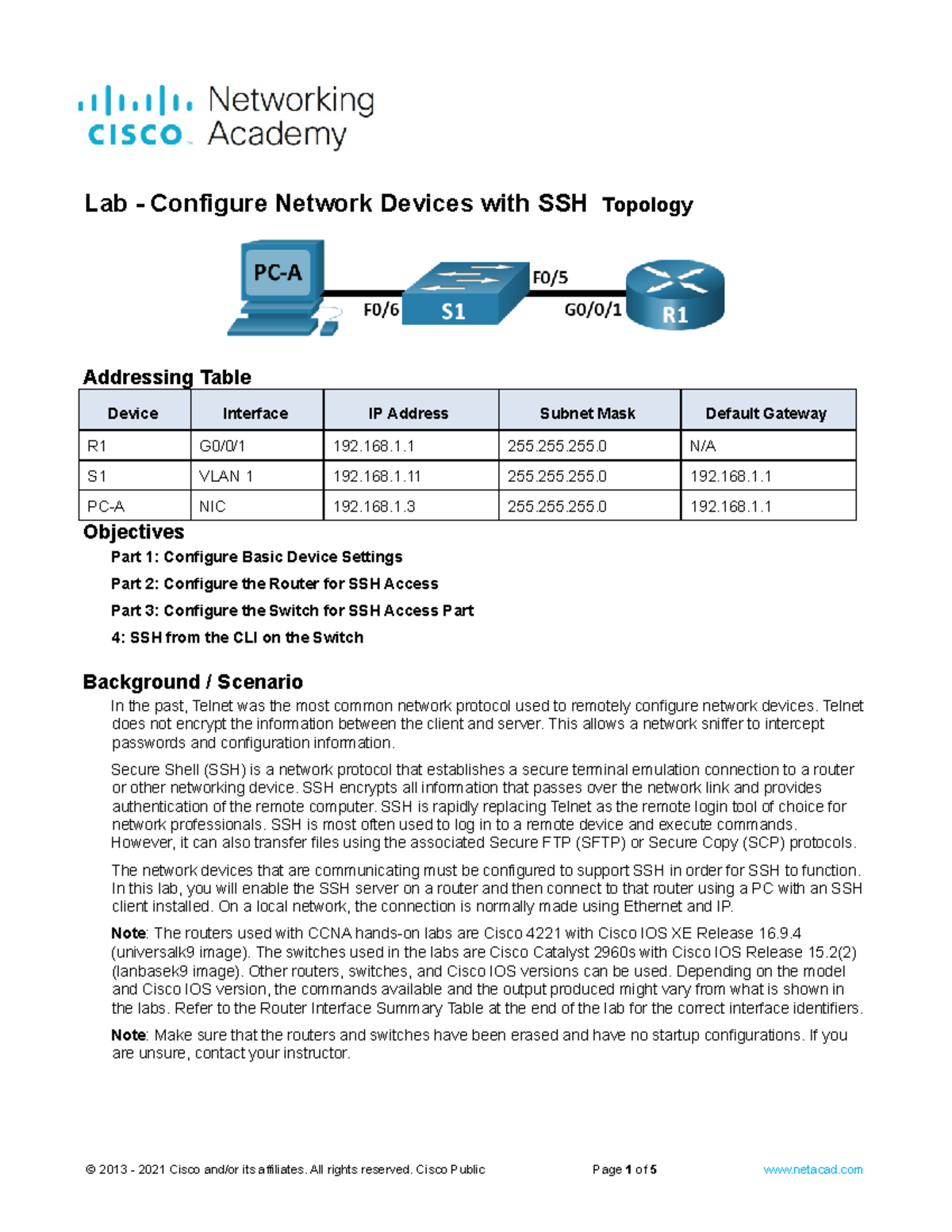 16.4.7 Lab - Configure Network Devices with SSH - 168.1 255.255.255 N/A S1 VLAN 1 192.168.1 ...