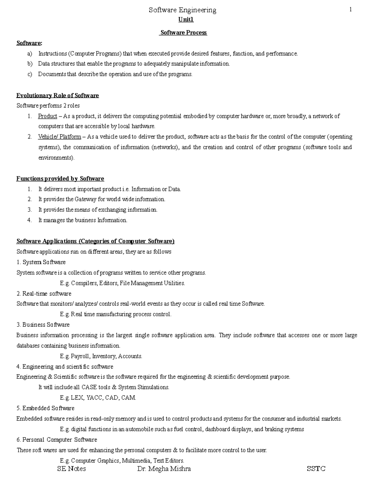 UNIT-1 - notes of sepm - Software Engineering 1 SE Notes Dr. Megha ...