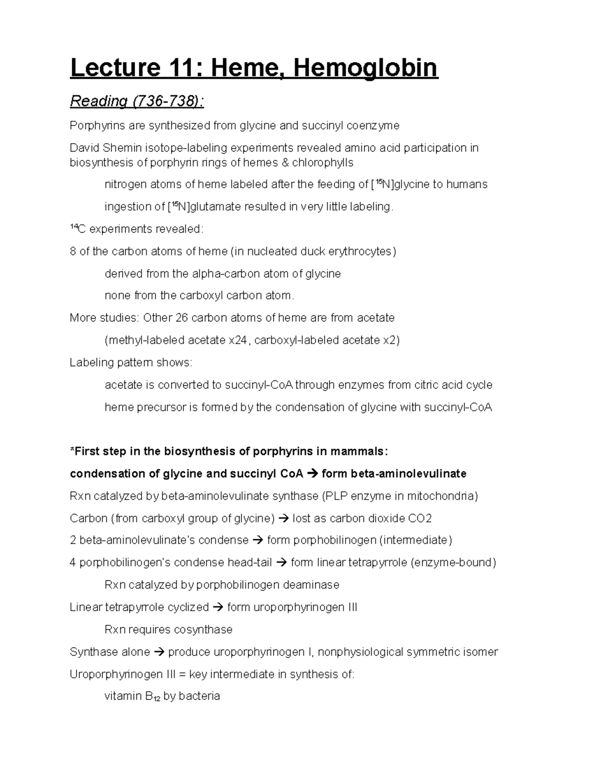 Exam 2 All Notes - Lecture 11: Heme, Hemoglobin Reading (736-738 ...