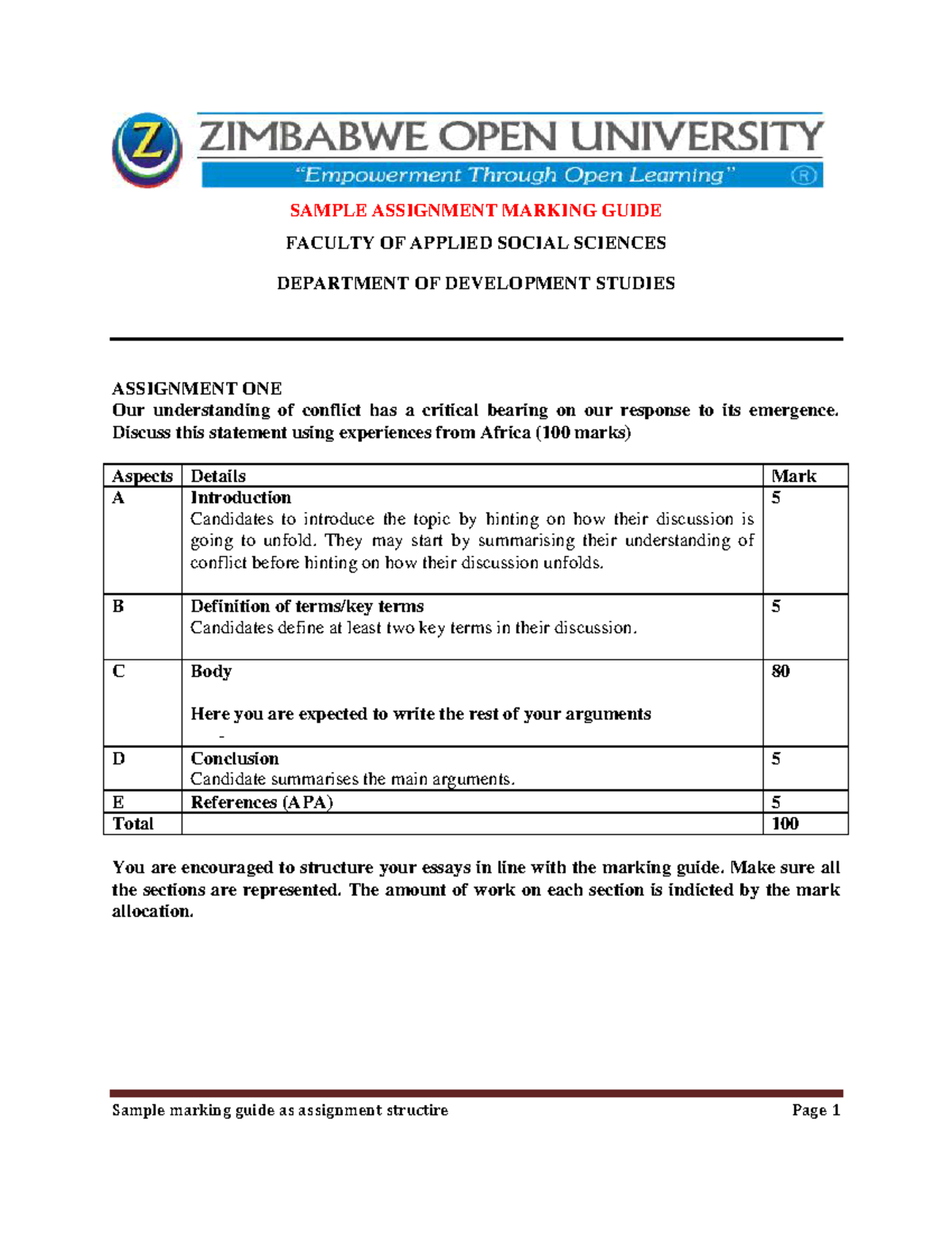 Sameple Assignment Structure AND Marking Guide - Sample marking guide ...