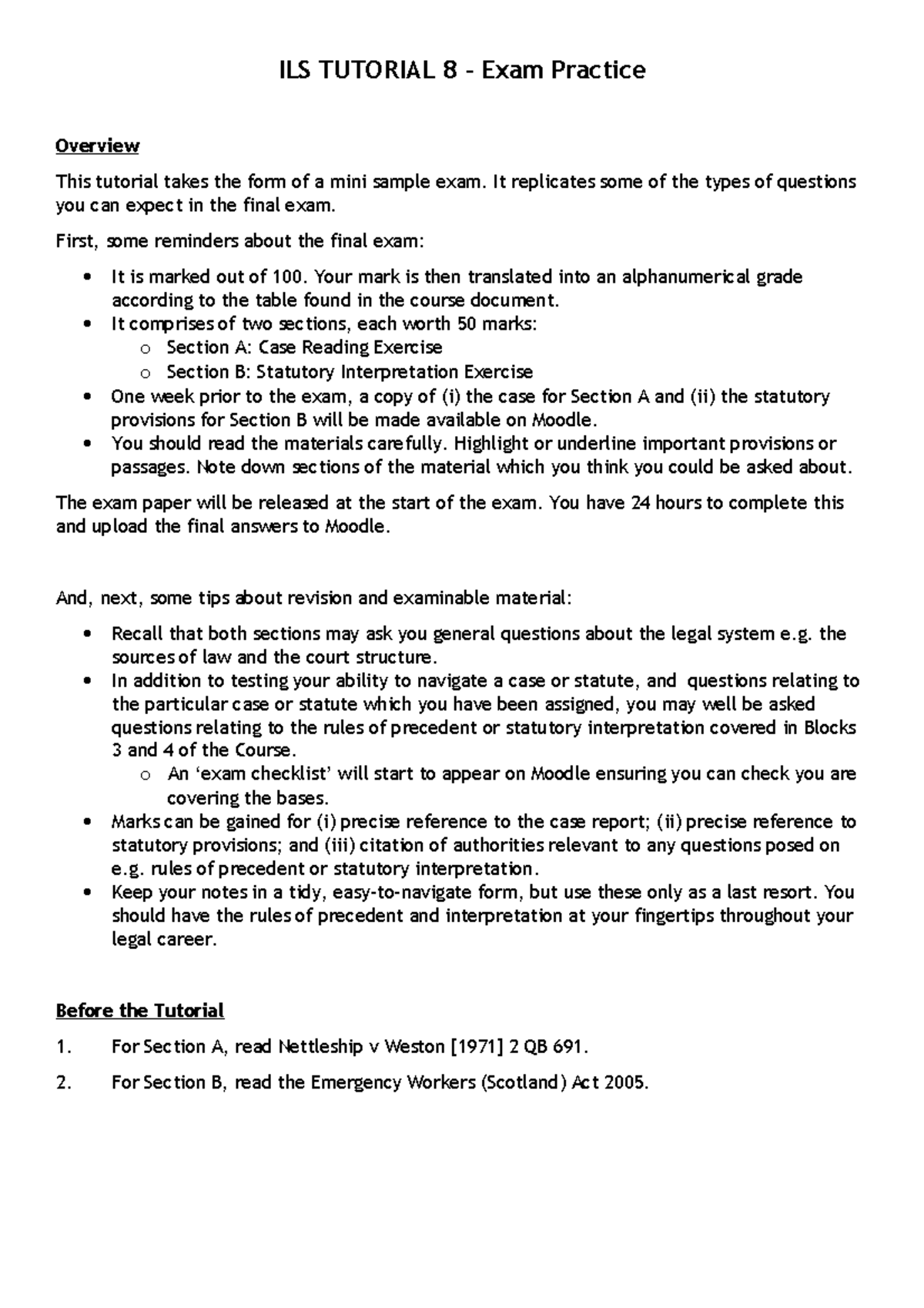 Tutorial 8 - ILS TUTORIAL 8 - Exam Practice Overview This tutorial ...