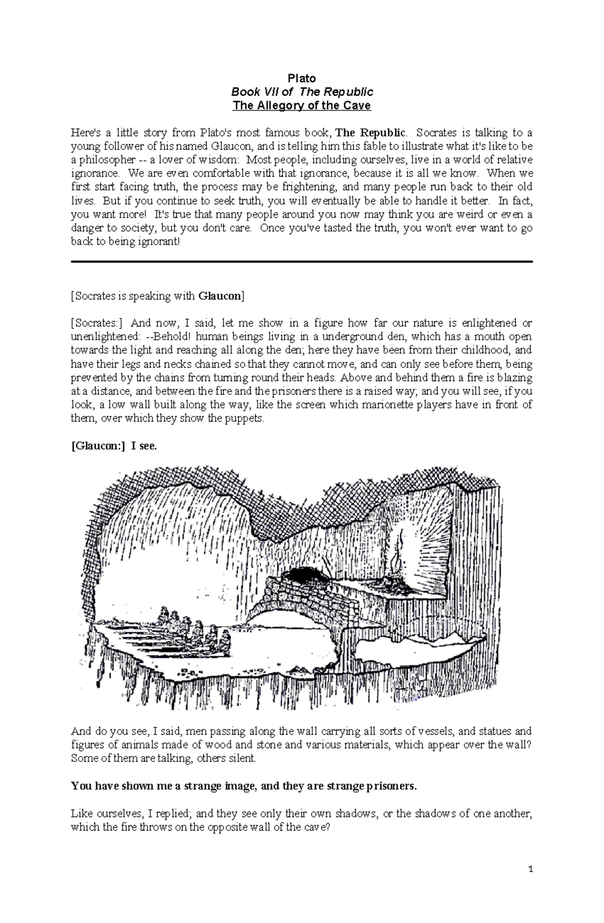 Allegory of the Cave - Plato Book VII of The Republic The Allegory of ...