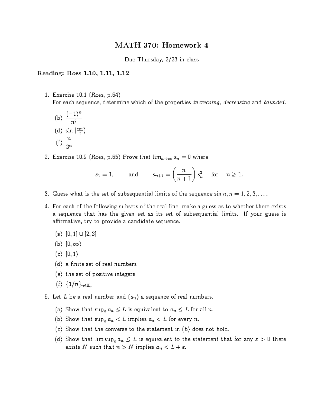 HW4, q + a - Homework assignment 4 - MATH 370: Homework 4 Due Thursday ...