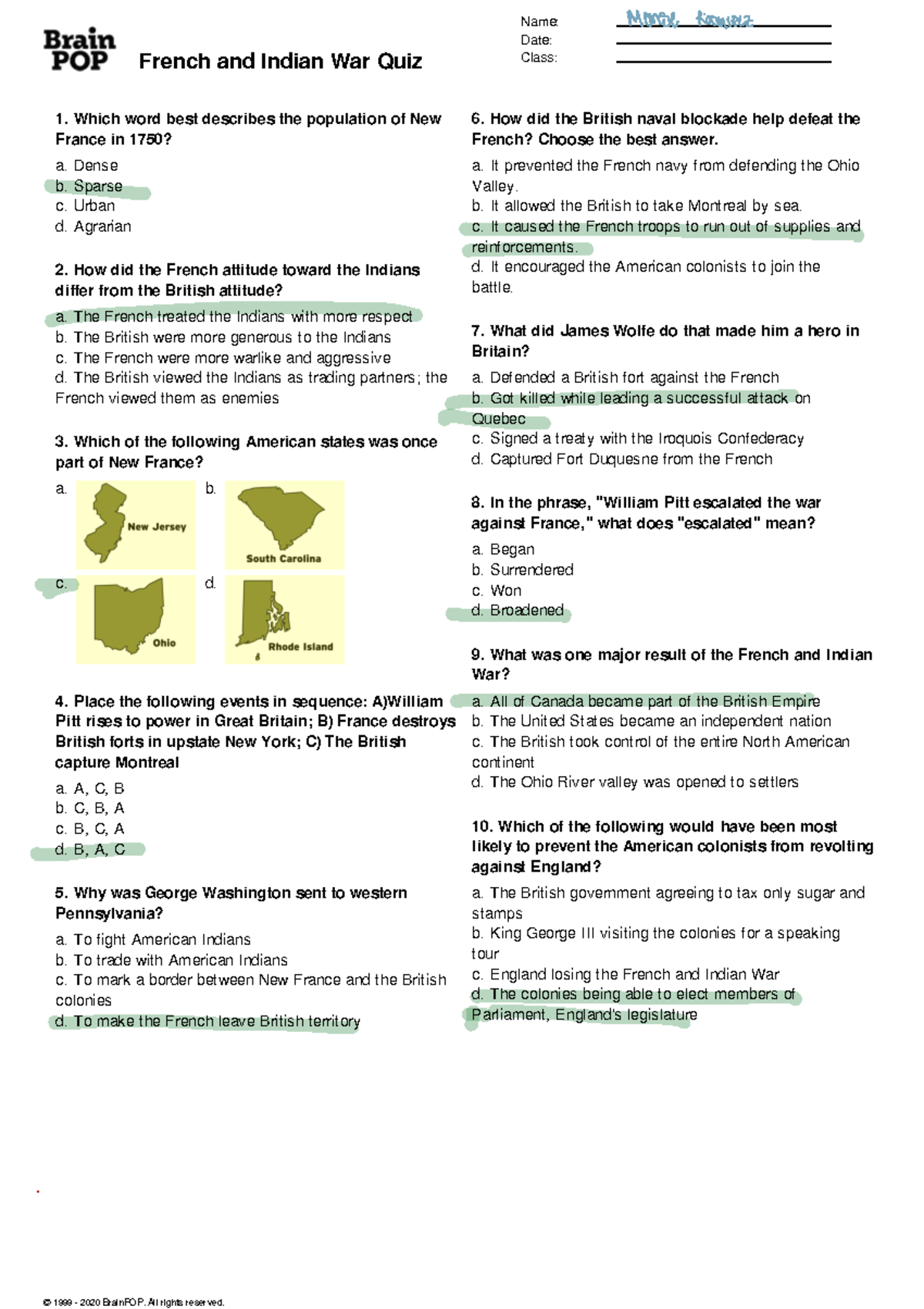 French and Indian War Brain Pop Worksheet - French and Indian War Quiz ...