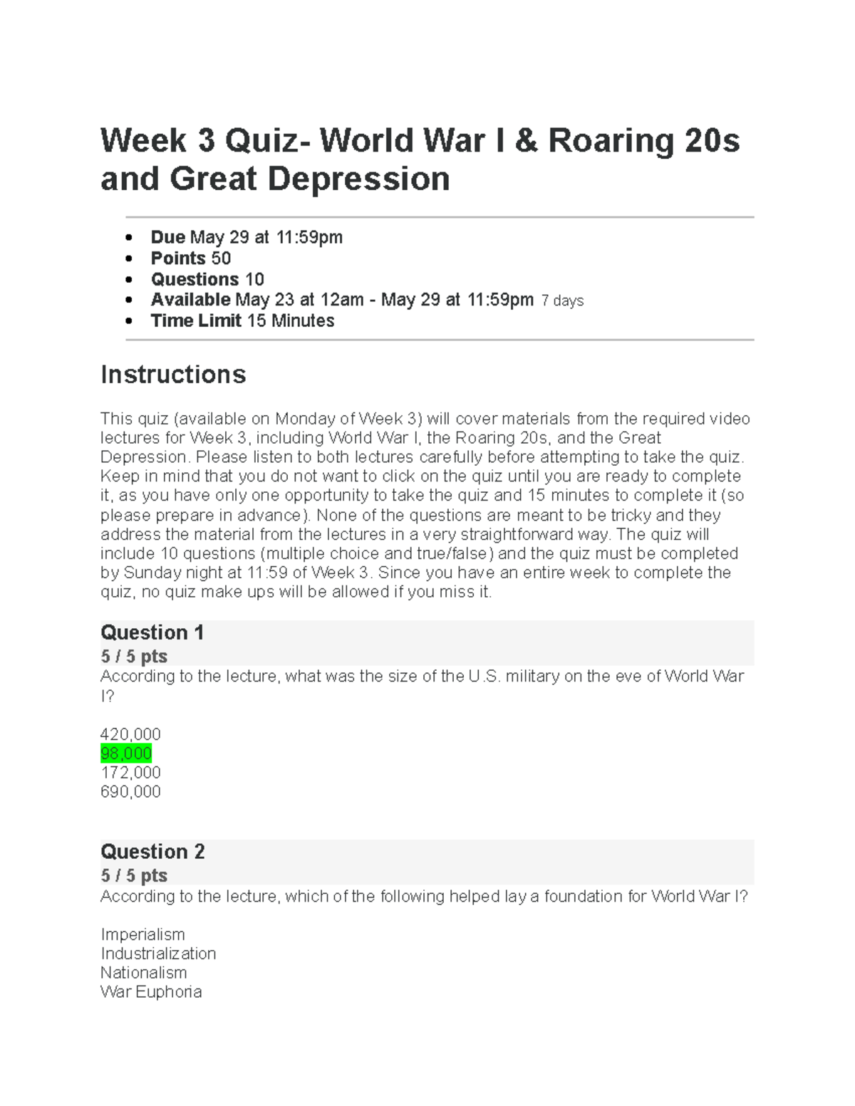 Week 3 Quiz - Quiz - Week 3 Quiz- World War I & Roaring 20s and Great ...