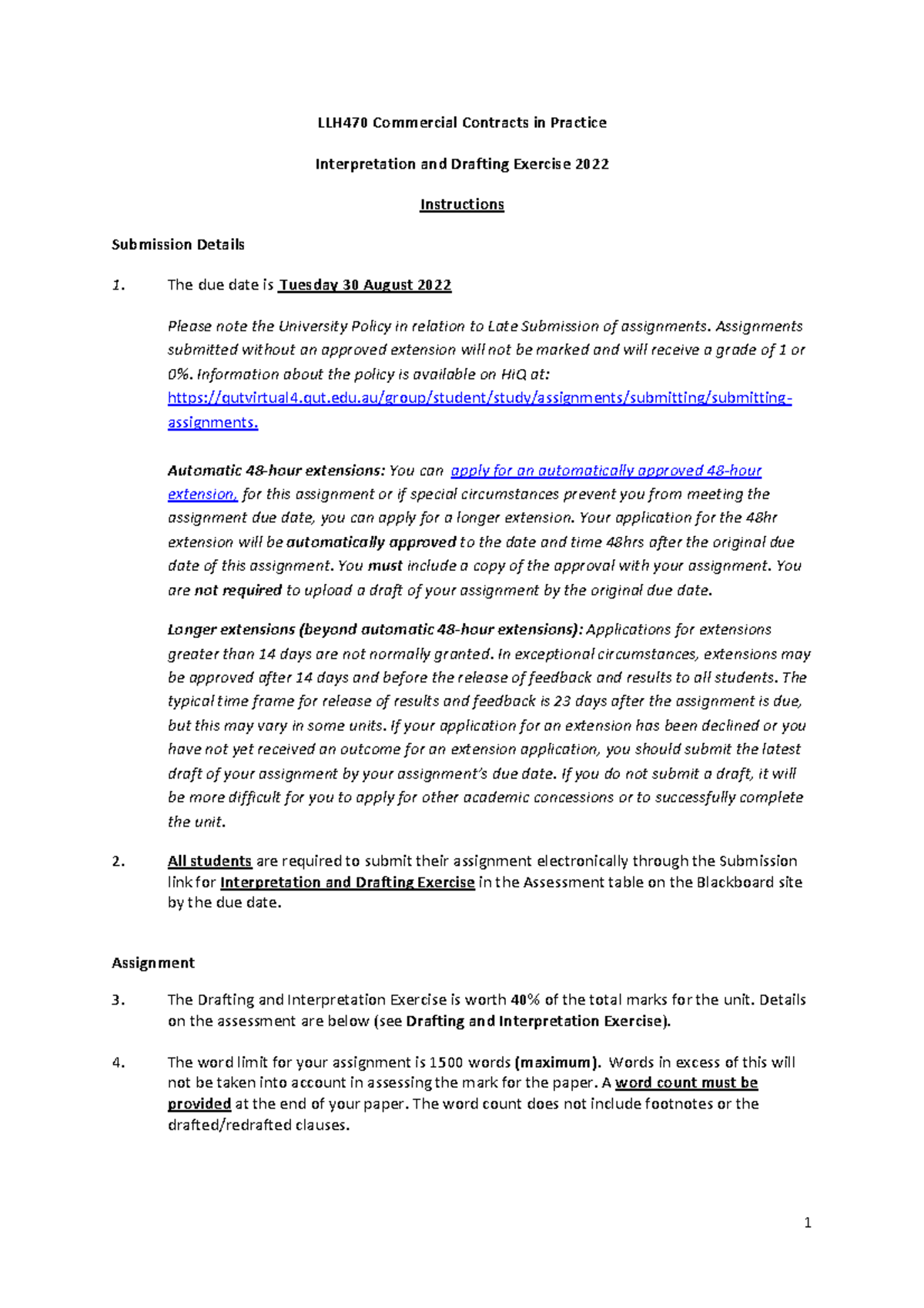 Writing Assignment 1 and criteria 2022 - LLH470 Commercial Contracts in ...