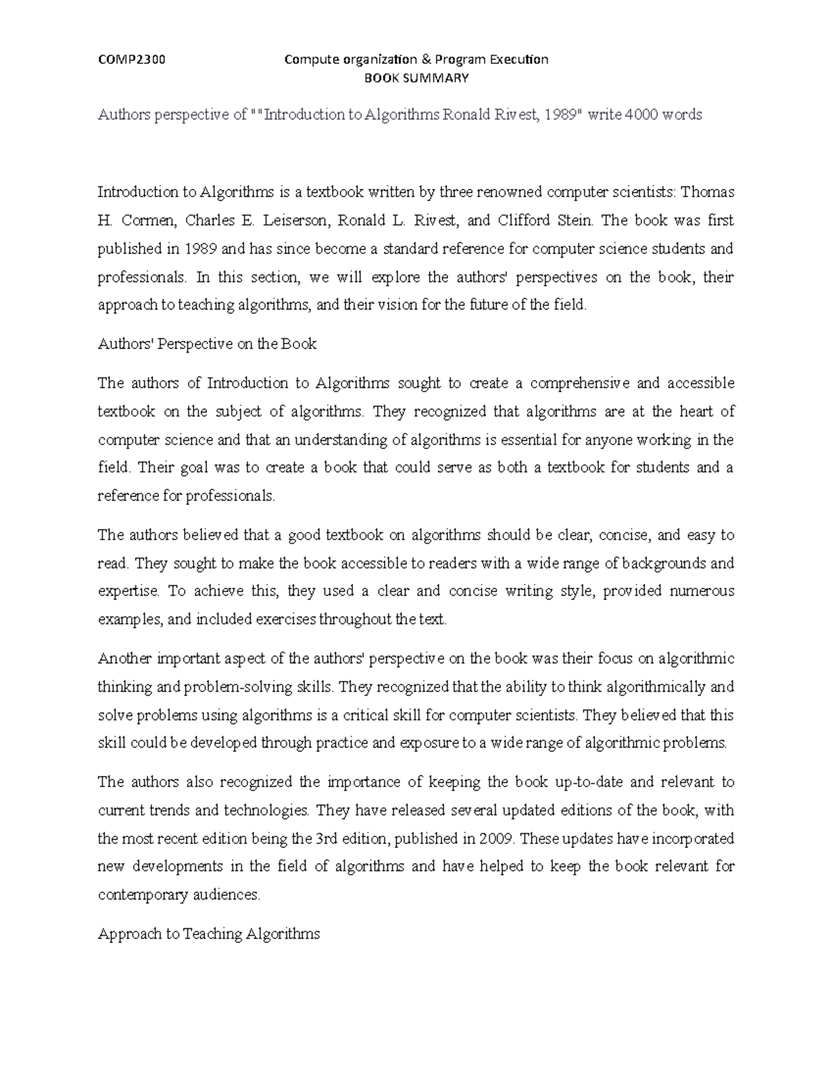 Authors perspective of Introduction to Algorithms Ronald Rivest, 1989 ...