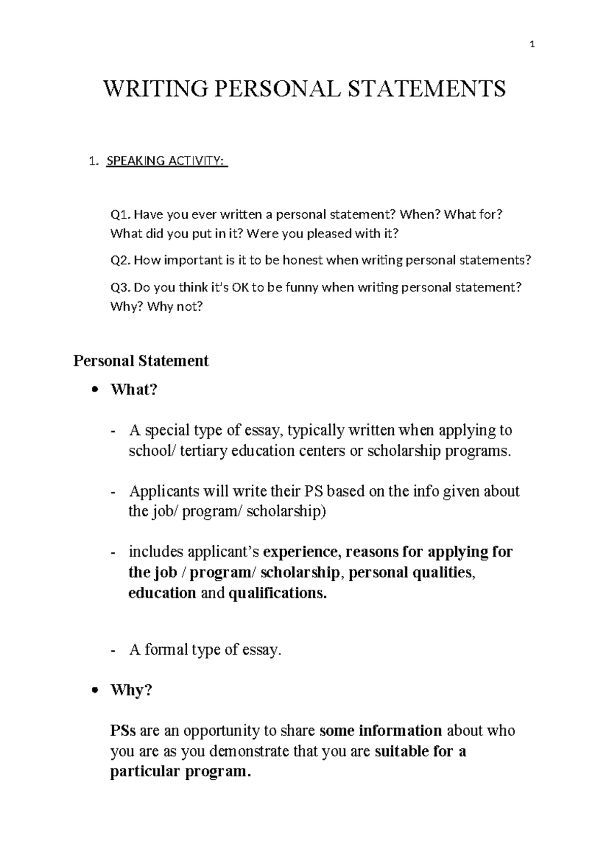 2. Writing Personal statements- Notes and Exercise - 1 WRITING PERSONAL ...