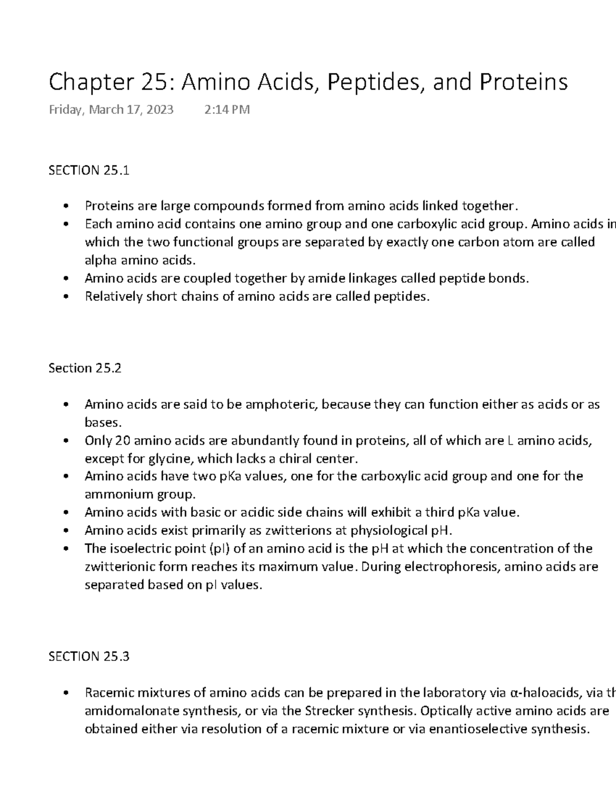 Chapter 25 :Amino Acids, Peptides, and Proteins Summary - SECTION 25 ...