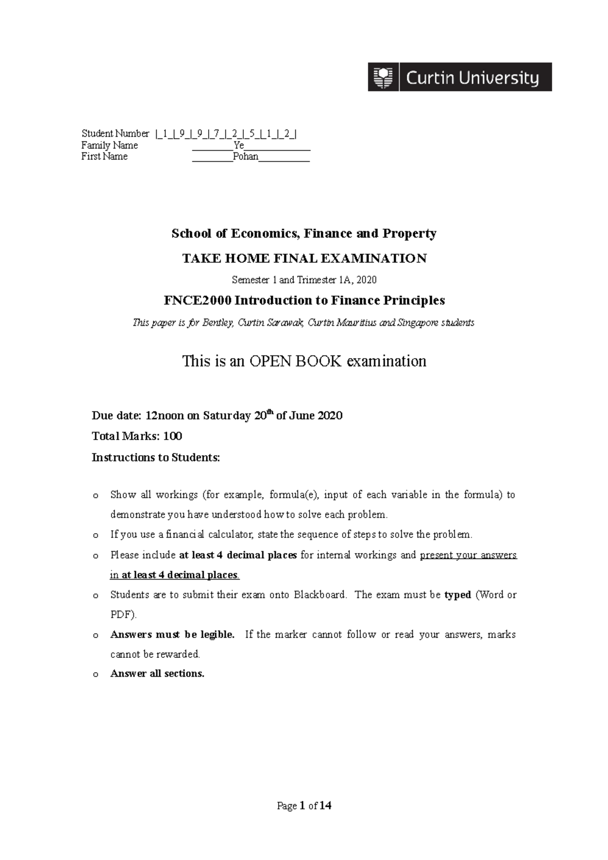 FNCE2000 Sem1 Tri1A 2020 Online Exam - School of Economics, Finance and ...