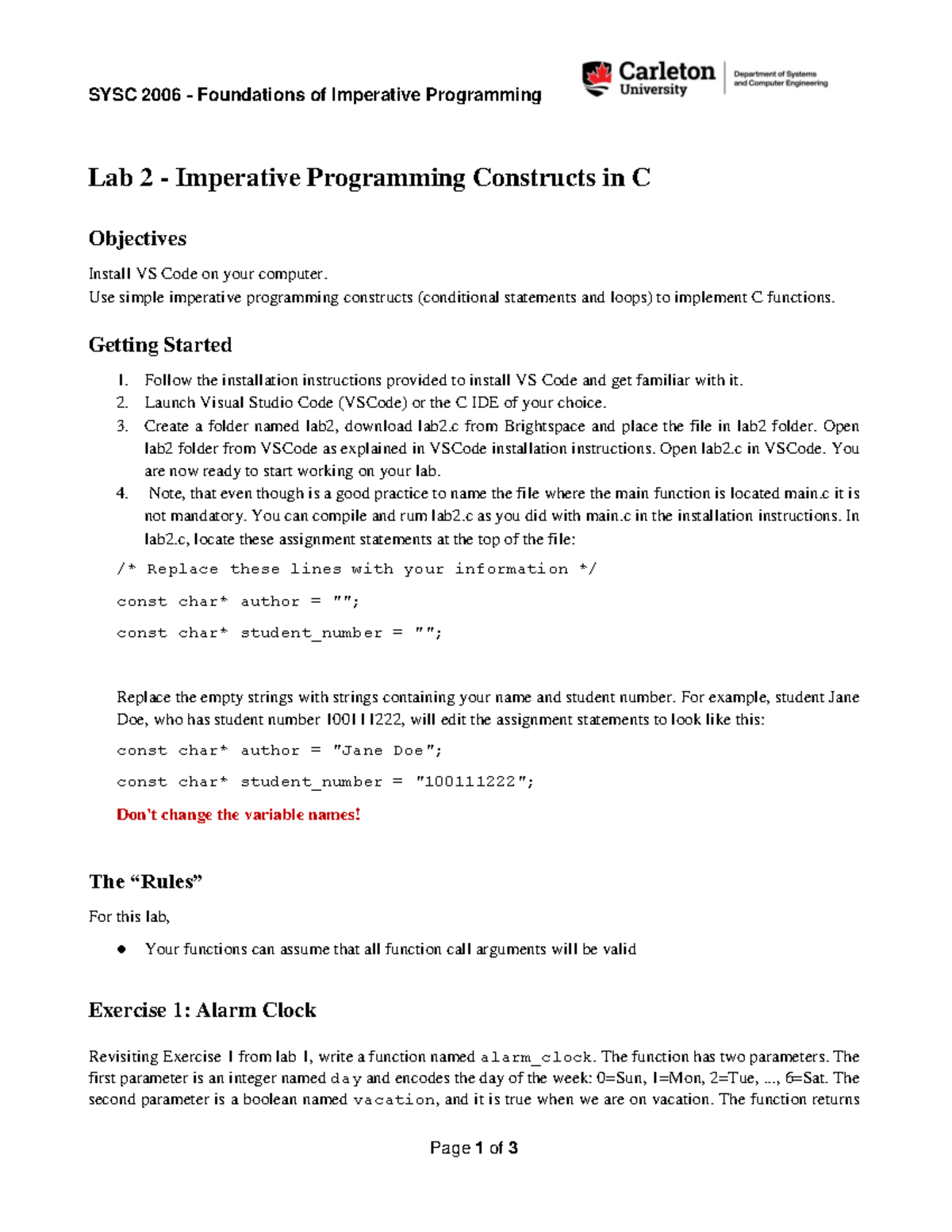 SYSC2006 -Laboratory 2 - SYSC 2006 - Foundations of Imperative Programming Page 1 of 3 Lab 2 ...