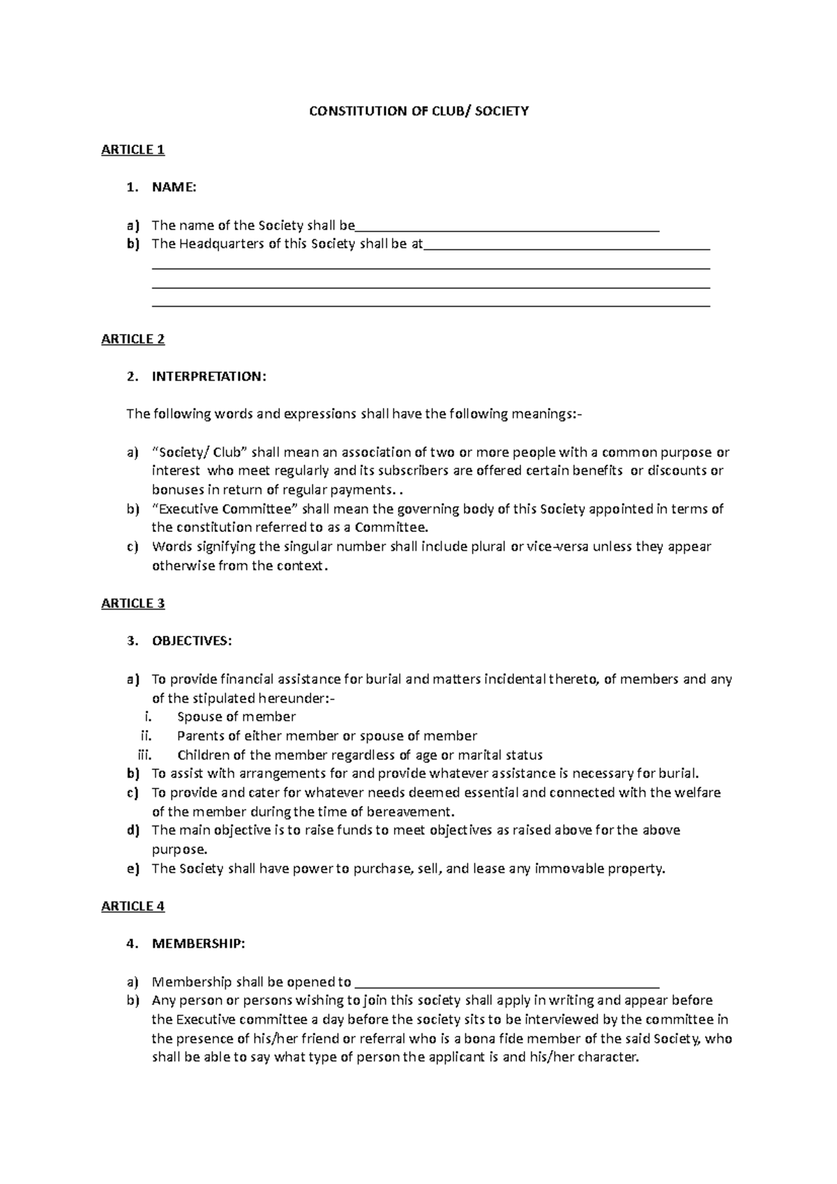 Club or Society Constitution - CONSTITUTION OF CLUB/ SOCIETY ARTICLE 1 ...