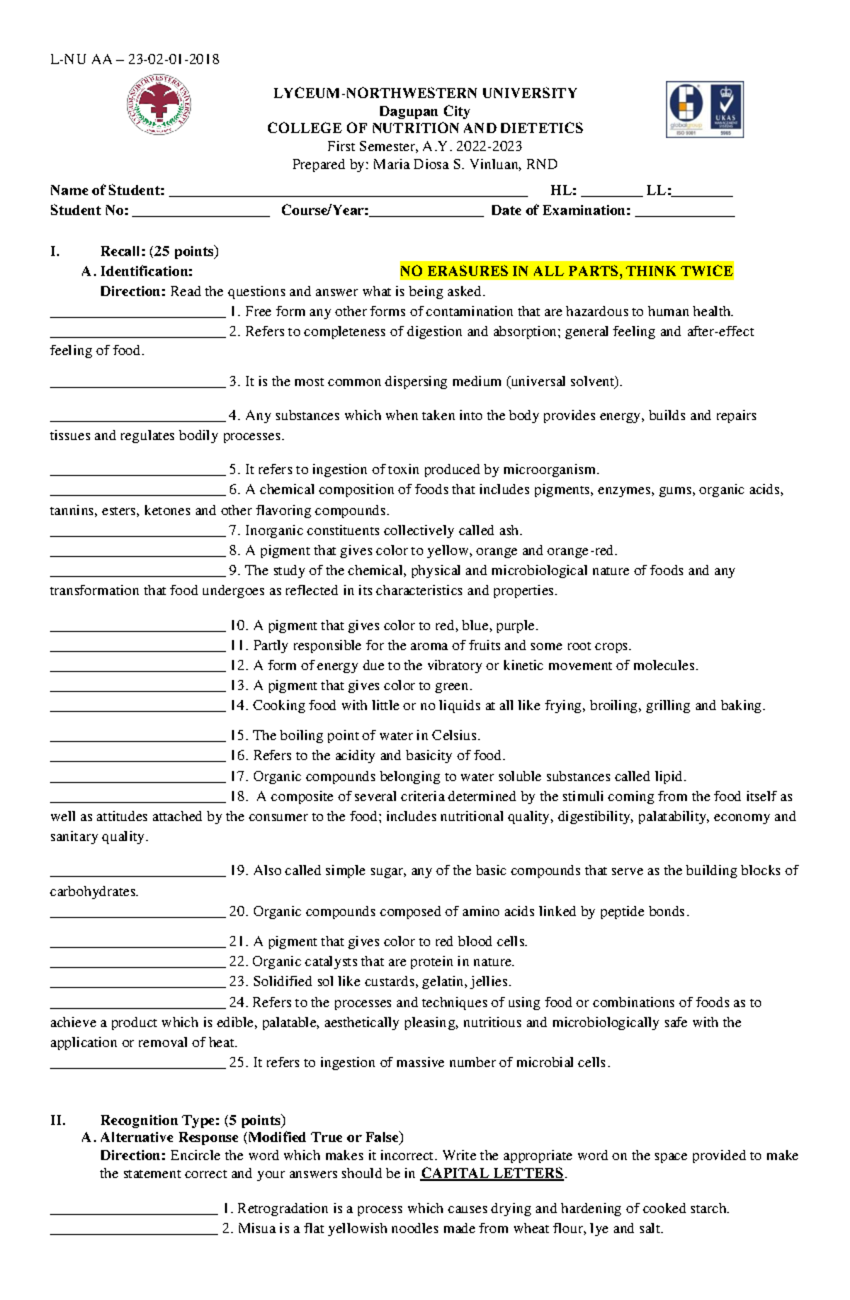 BSND 1 - basic Foods - L-NU AA – 23-02-01- LYCEUM-NORTHWESTERN ...