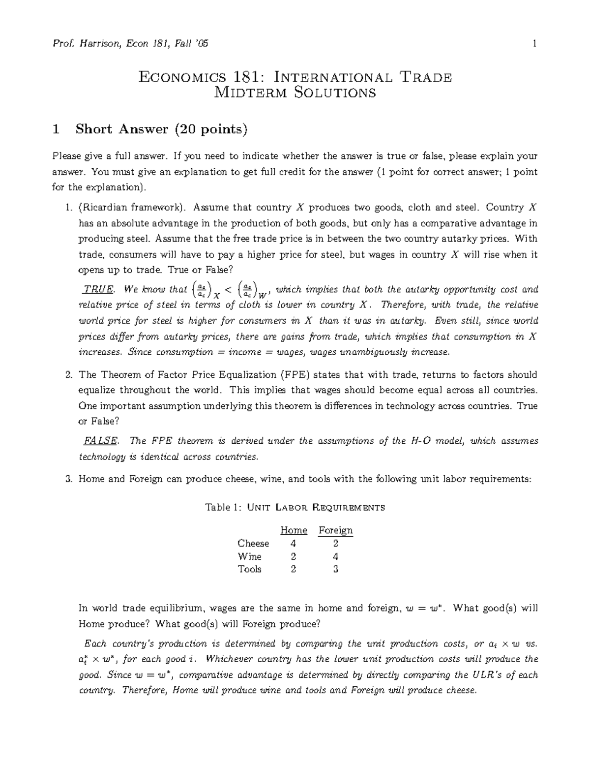 Midterm 4 solutions - Economics 181: International Trade Midterm ...