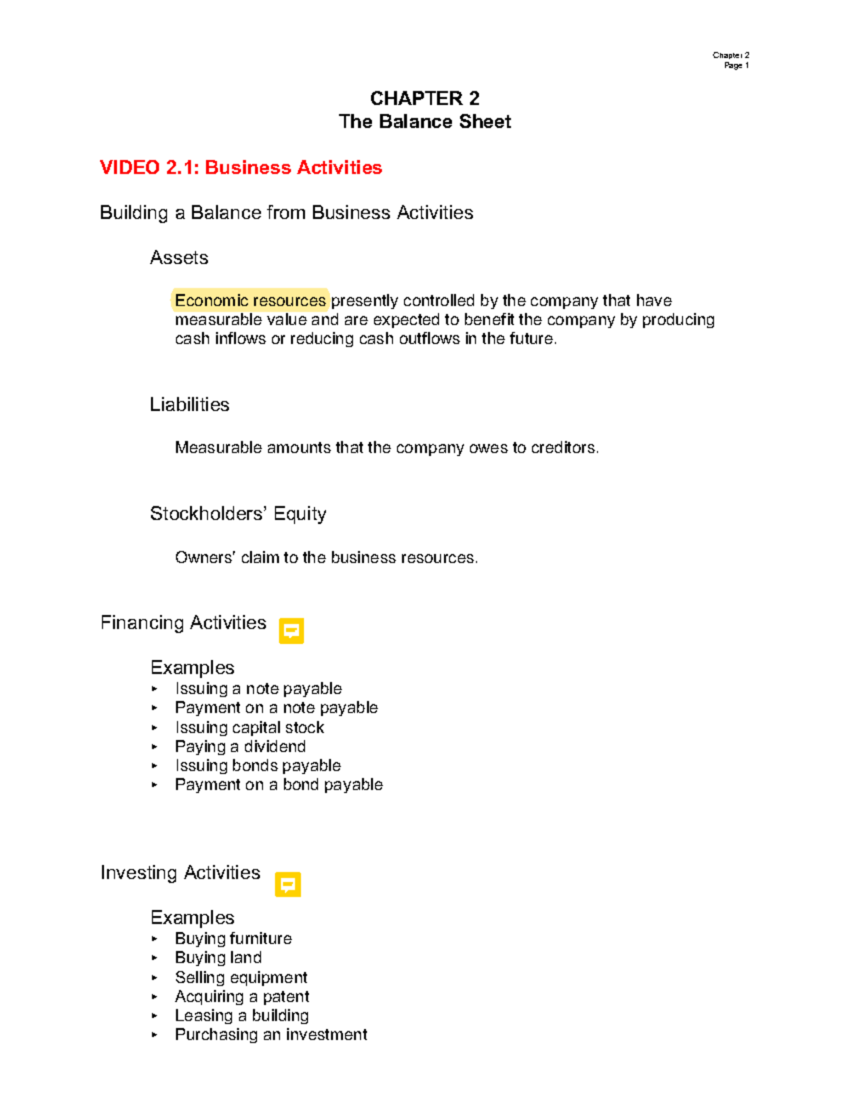 Ch02 - The Balance Sheet - Page 1 CHAPTER 2 The Balance Sheet VIDEO 2 ...