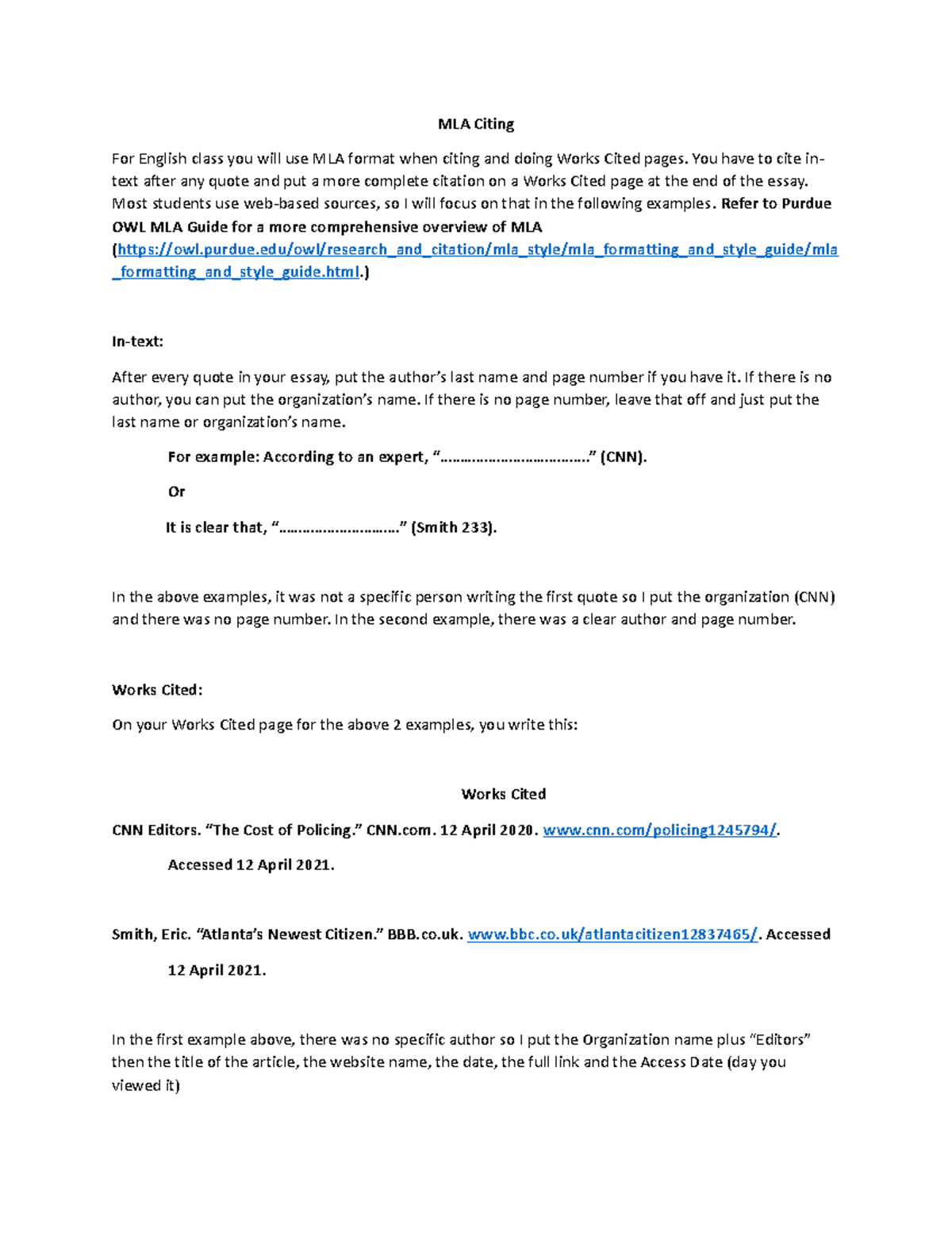 MLA Citing 101 - MLA Citing For English class you will use MLA format ...