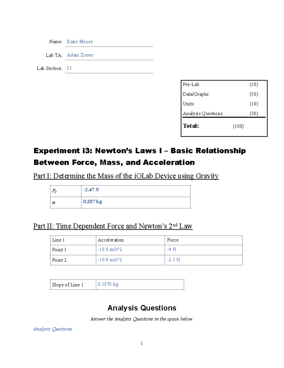 I3 ws - iO lab - Experiment i3: Newton’s Laws I – Basic Relationship ...