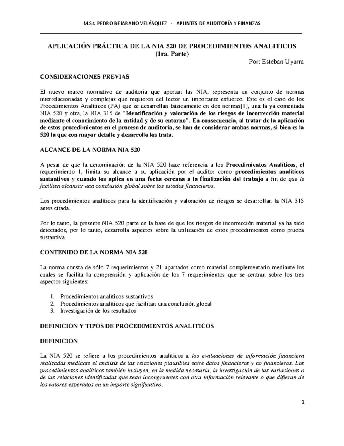 Aplicación de la NIA 520 Procedimiento analíticos - Auditoría ...