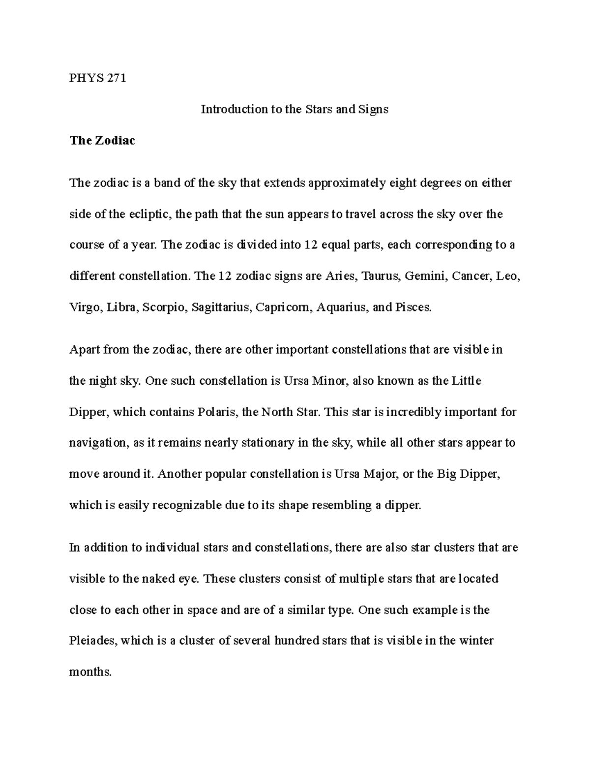 Astronomy - Introduction to the Stars and Signs - PHYS 271 Introduction ...