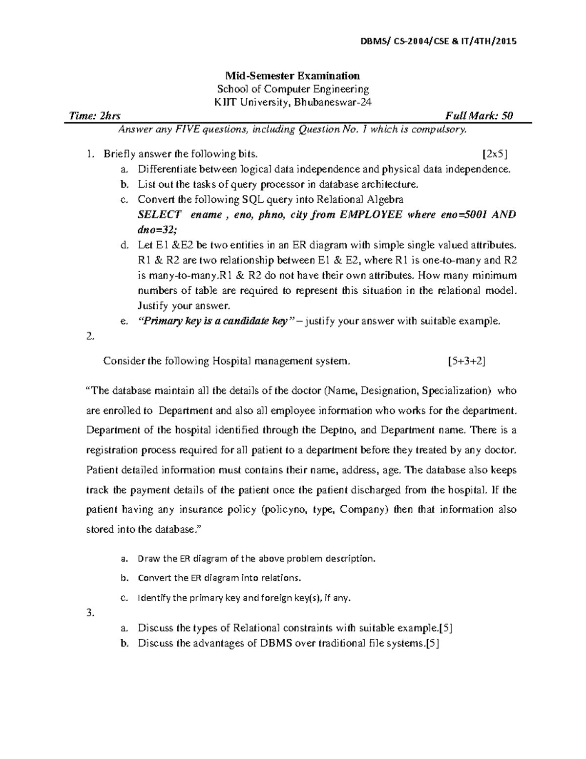 2015 DBMS Mid - important questions - DBMS/ CS-2004/CSE & IT/4TH/ Mid ...